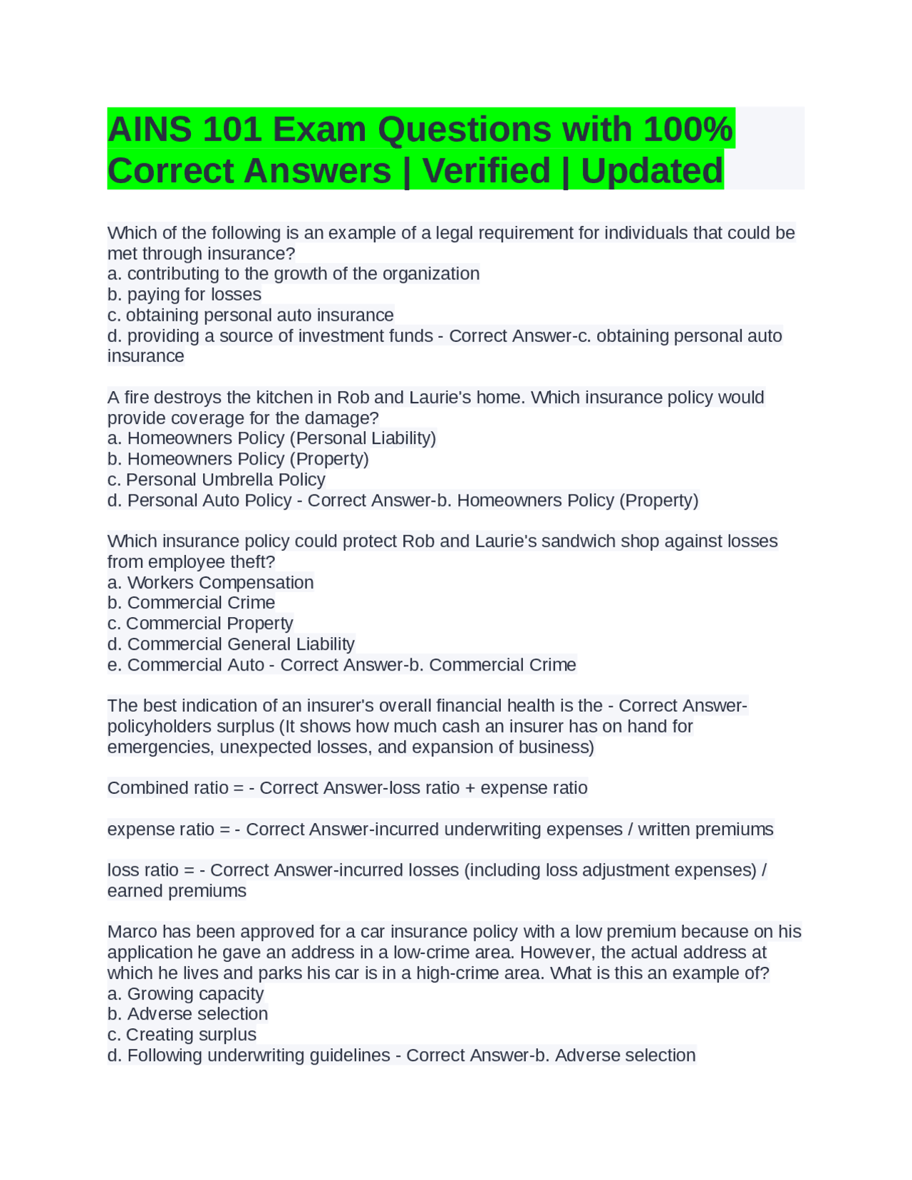 AINS 101 Exam Questions with 100% Correct Answers | Verified | Updated ...