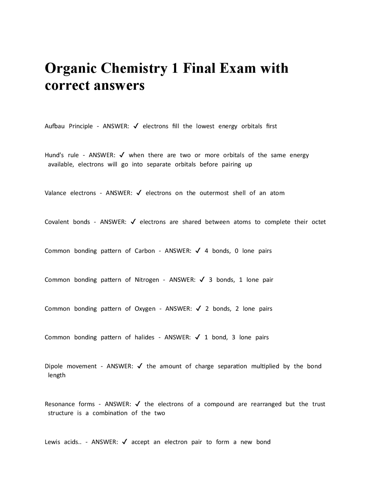 Organic Chemistry I-Exam 1 with correct answers. | Exams Nursing | Docsity