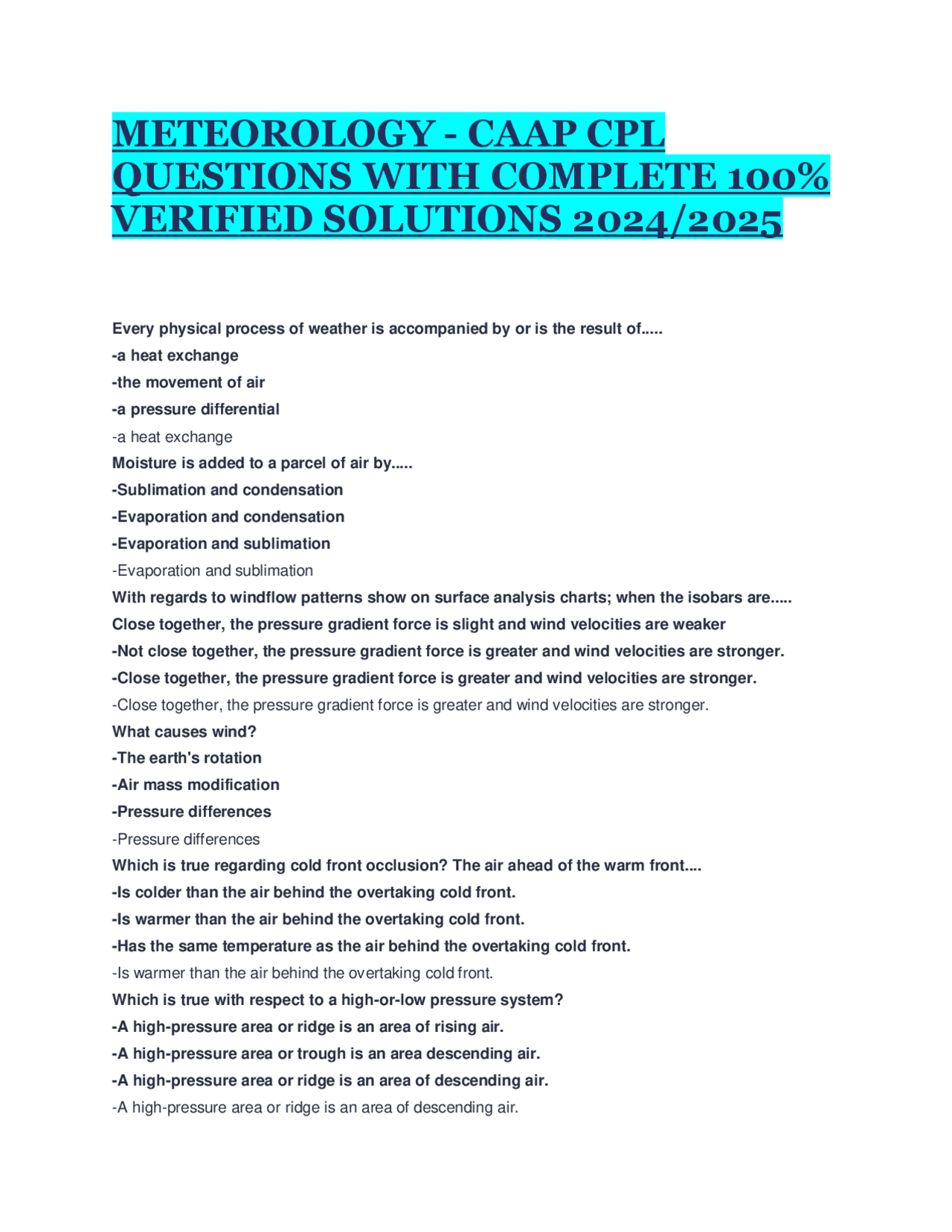 METEOROLOGY - CAAP CPL QUESTIONS WITH COMPLETE 100% VERIFIED SOLUTIONS ...