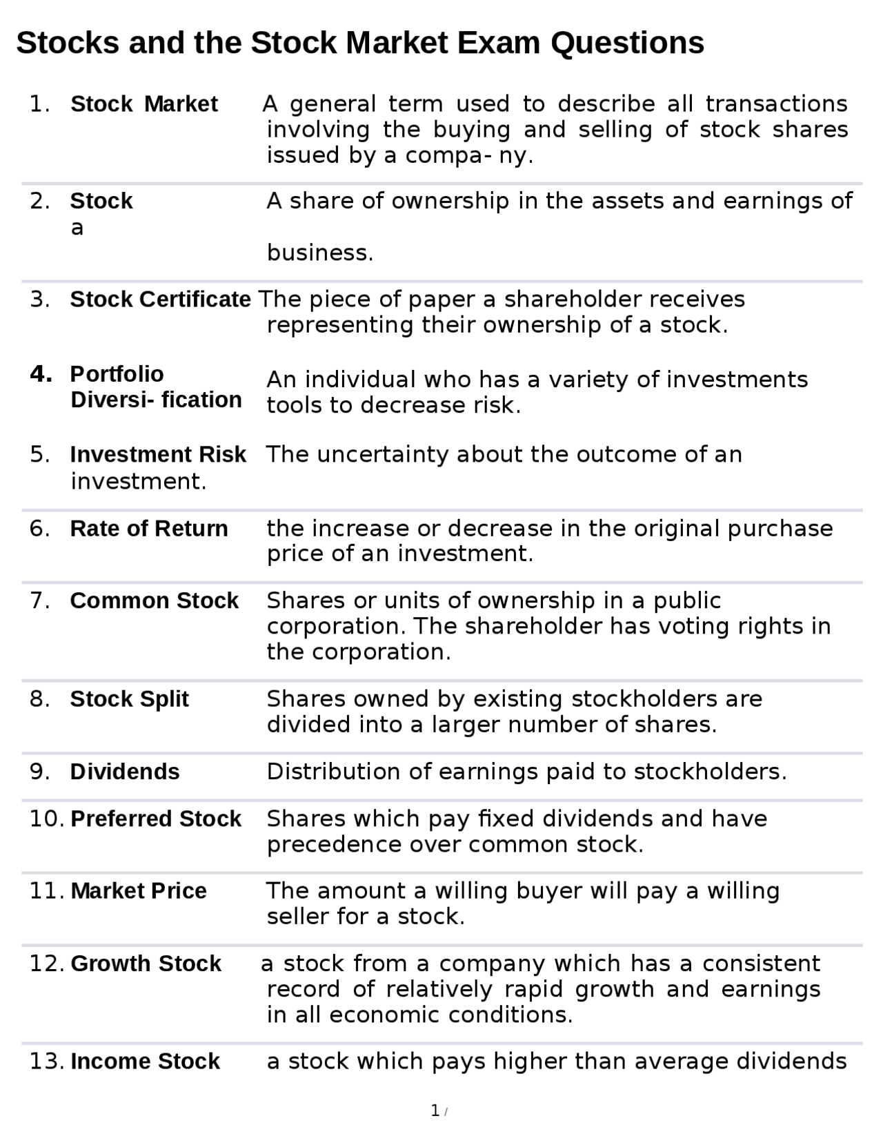 Stocks and the Stock Market Exam Questions | Exams Economics | Docsity