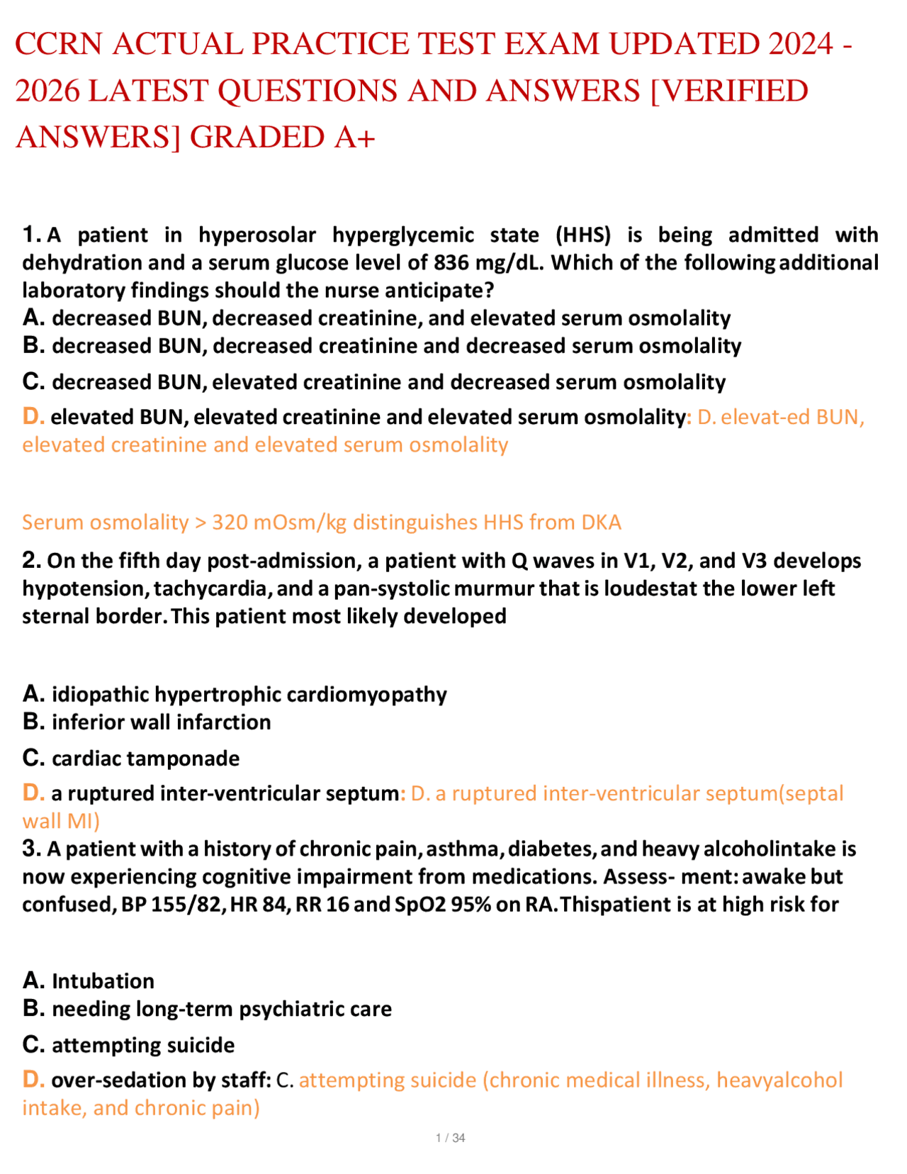 CCRN ACTUAL PRACTICE TEST EXAM UPDATED 2024-2026 | Exams Nursing | Docsity