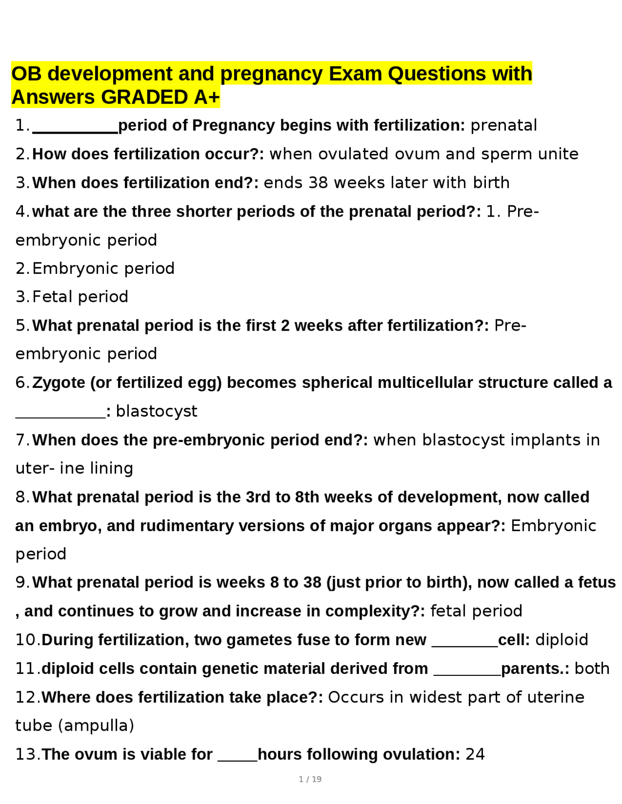 OB development and pregnancy Exam Questions with Answers GRADED A+ ...