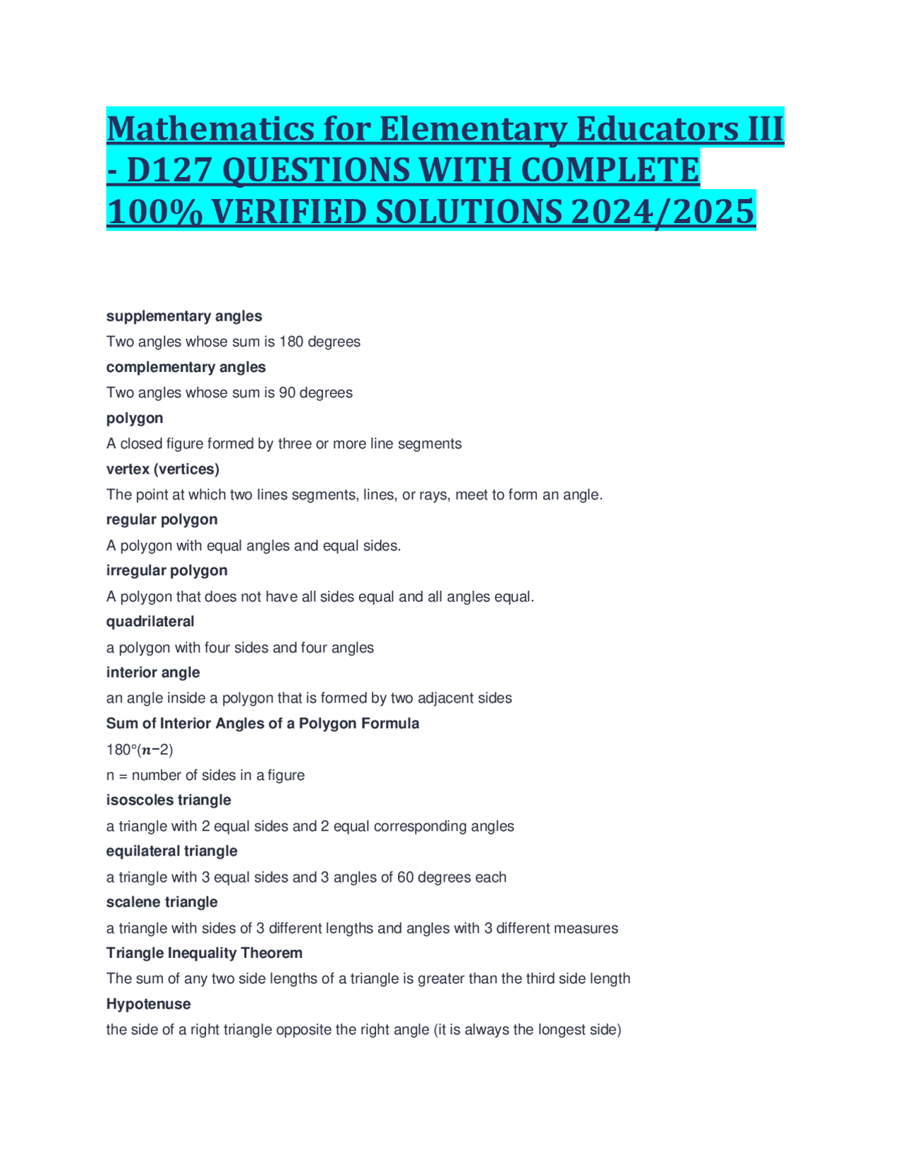 Mathematics for Elementary Educators III - D127 QUESTIONS WITH COMPLETE ...