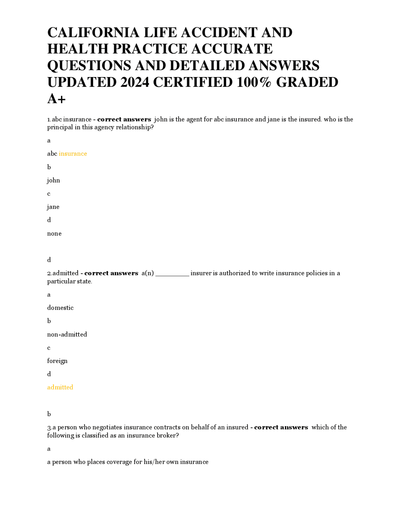 CALIFORNIA LIFE ACCIDENT AND HEALTH PRACTICE ACCURATE QUESTIONS AND ...