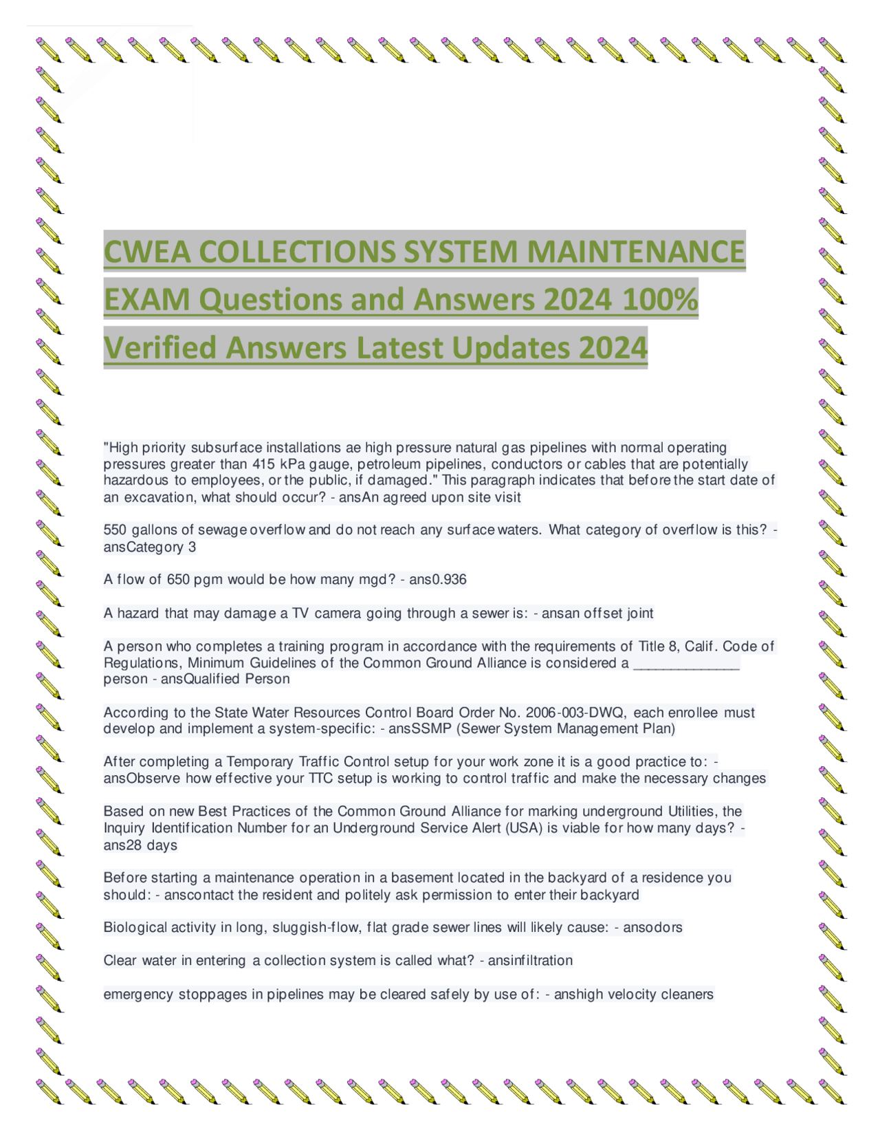 CWEA COLLECTIONS SYSTEM MAINTENANCE EXAM Questions and Answers 2024 100 ...