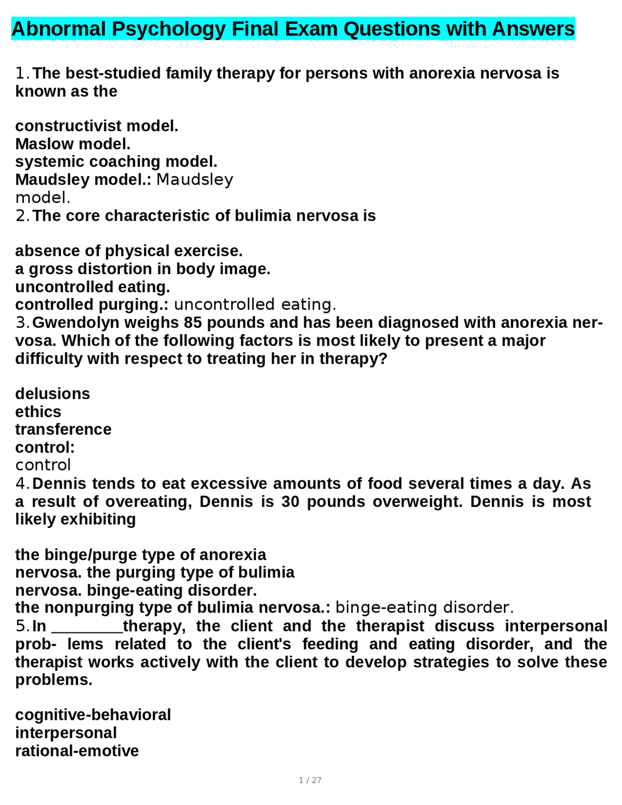Abnormal Psychology Final Exam Questions with Answers | Exams ...