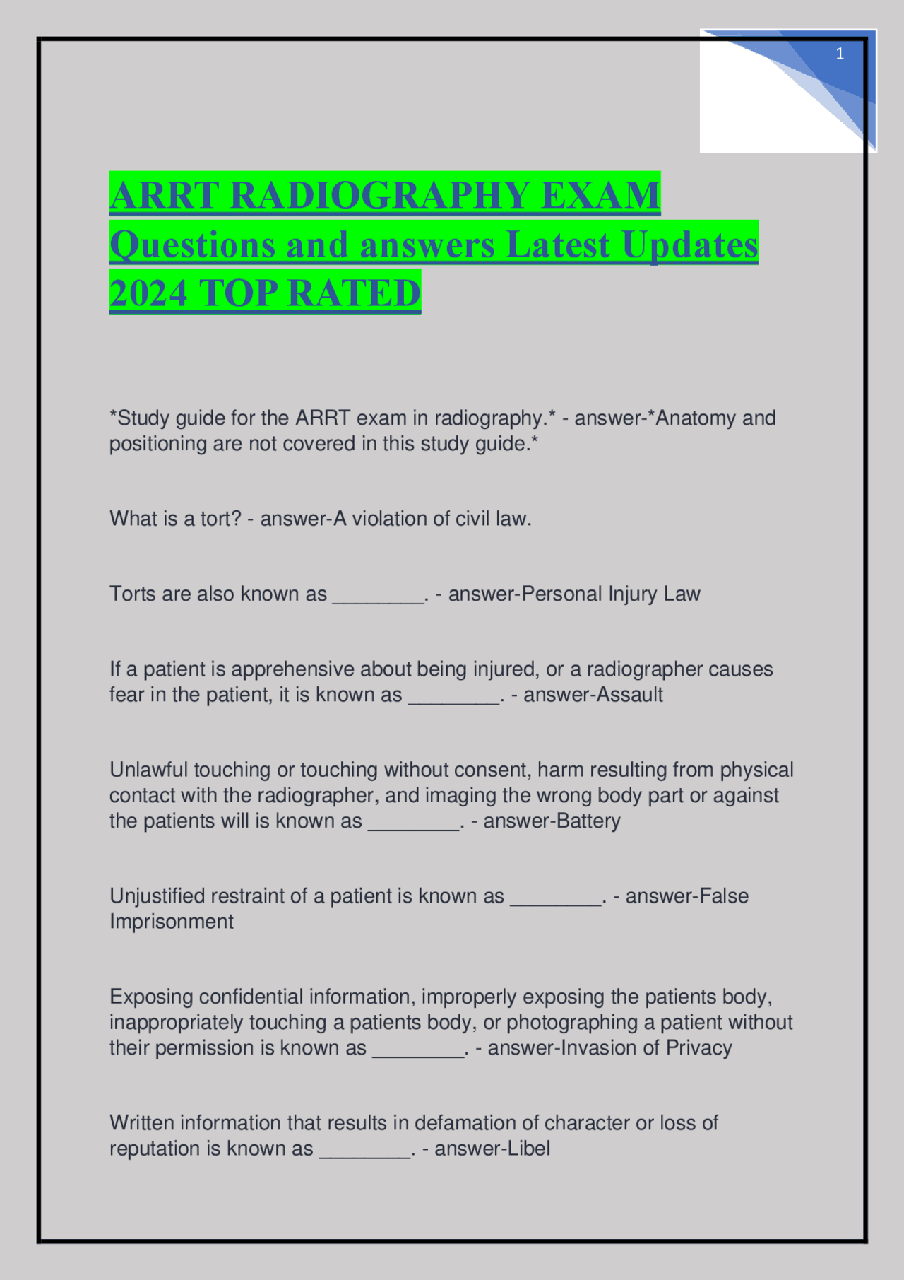 ARRT RADIOGRAPHY EXAM Questions and answers Latest Updates 2024 TOP ...