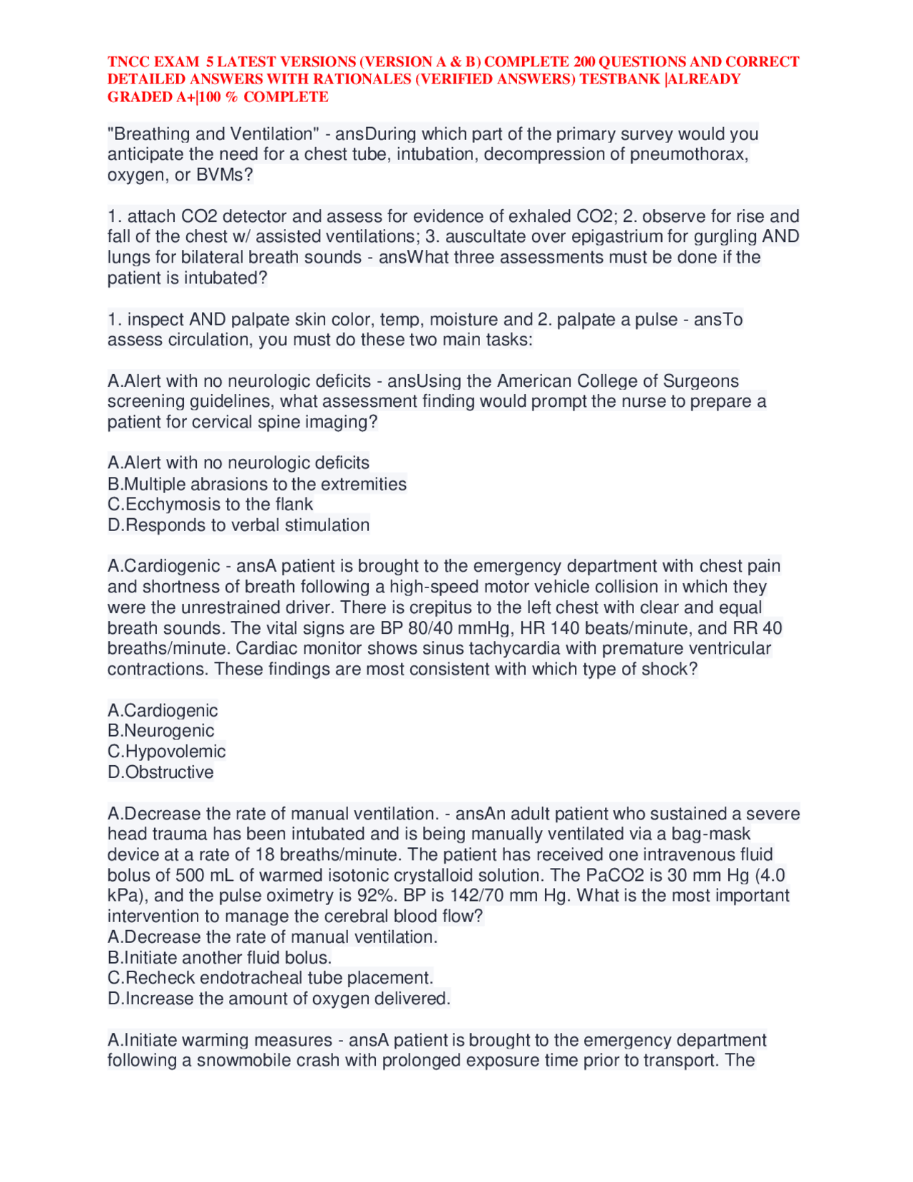 TNCC Exam 5 Latest Versions: Comprehensive Test Bank with Detailed ...