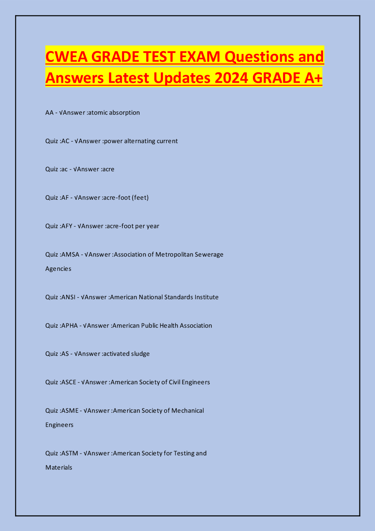 CWEA Grade Test Exam Questions and Answers | Exams Chemistry | Docsity