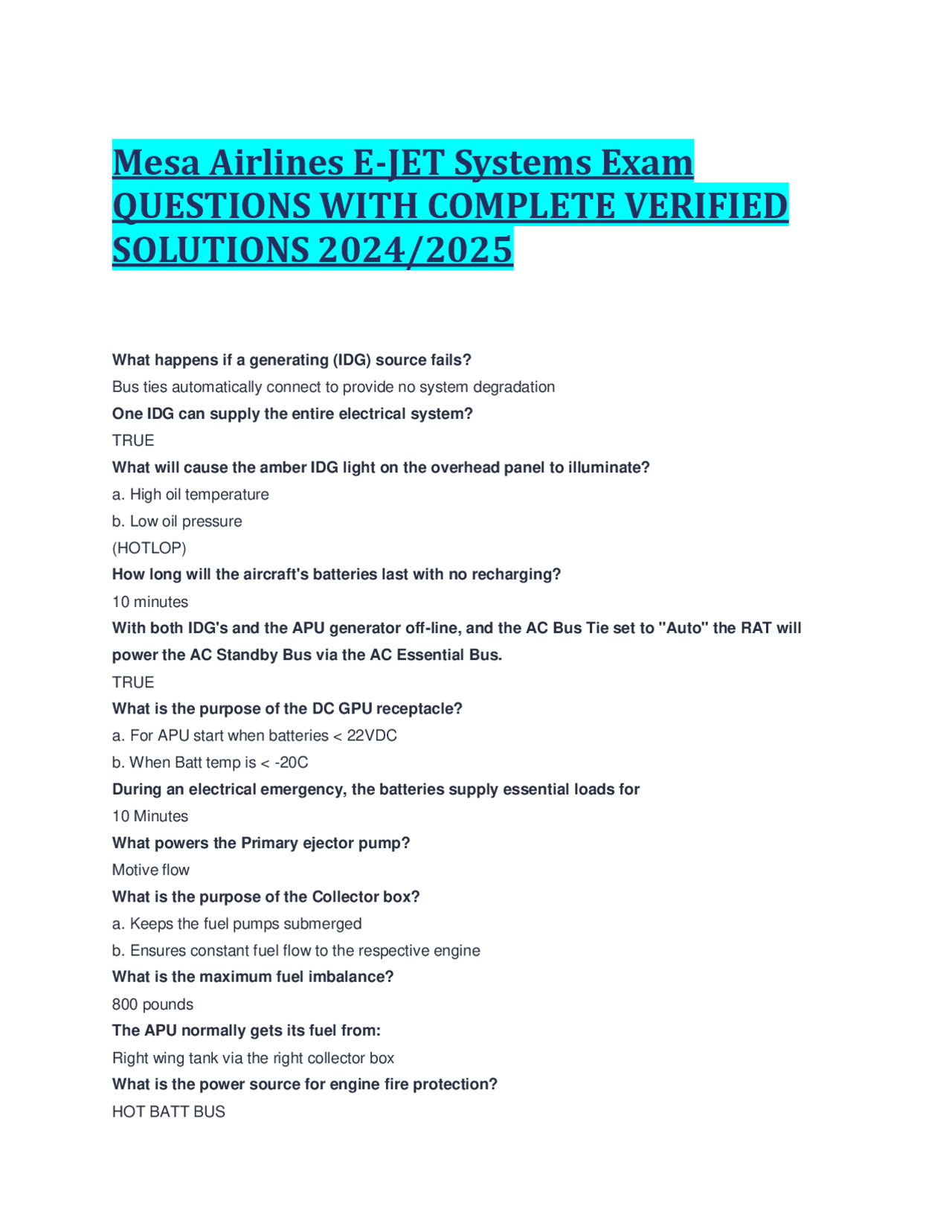 Mesa Airlines E-JET Systems Exam QUESTIONS WITH COMPLETE VERIFIED SOLUTIONS 2024/2025 | Exams ...