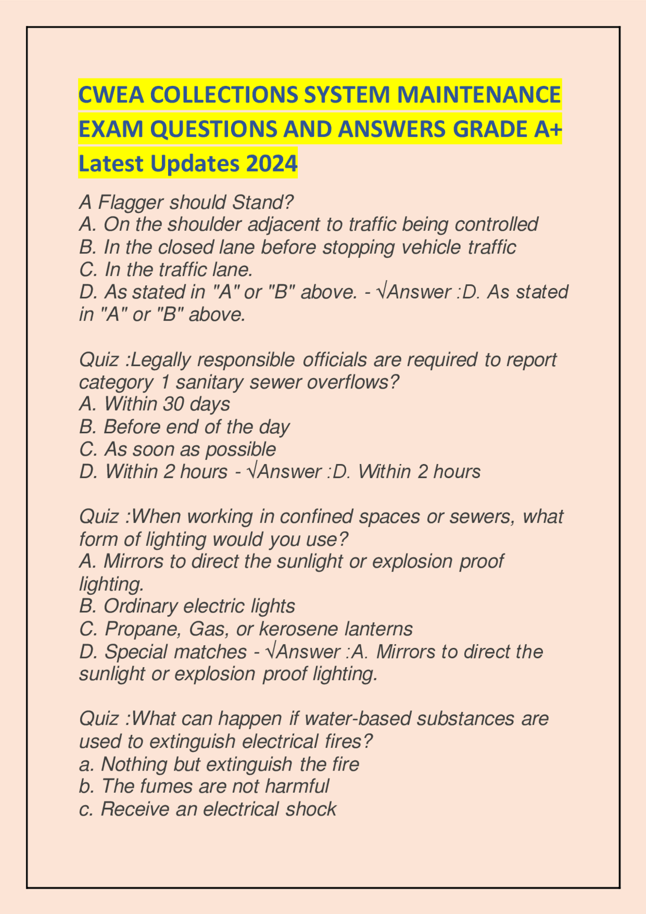 Cwea Collections System Maintenance Exam Questions And Answers Grade A Latest Updates 202