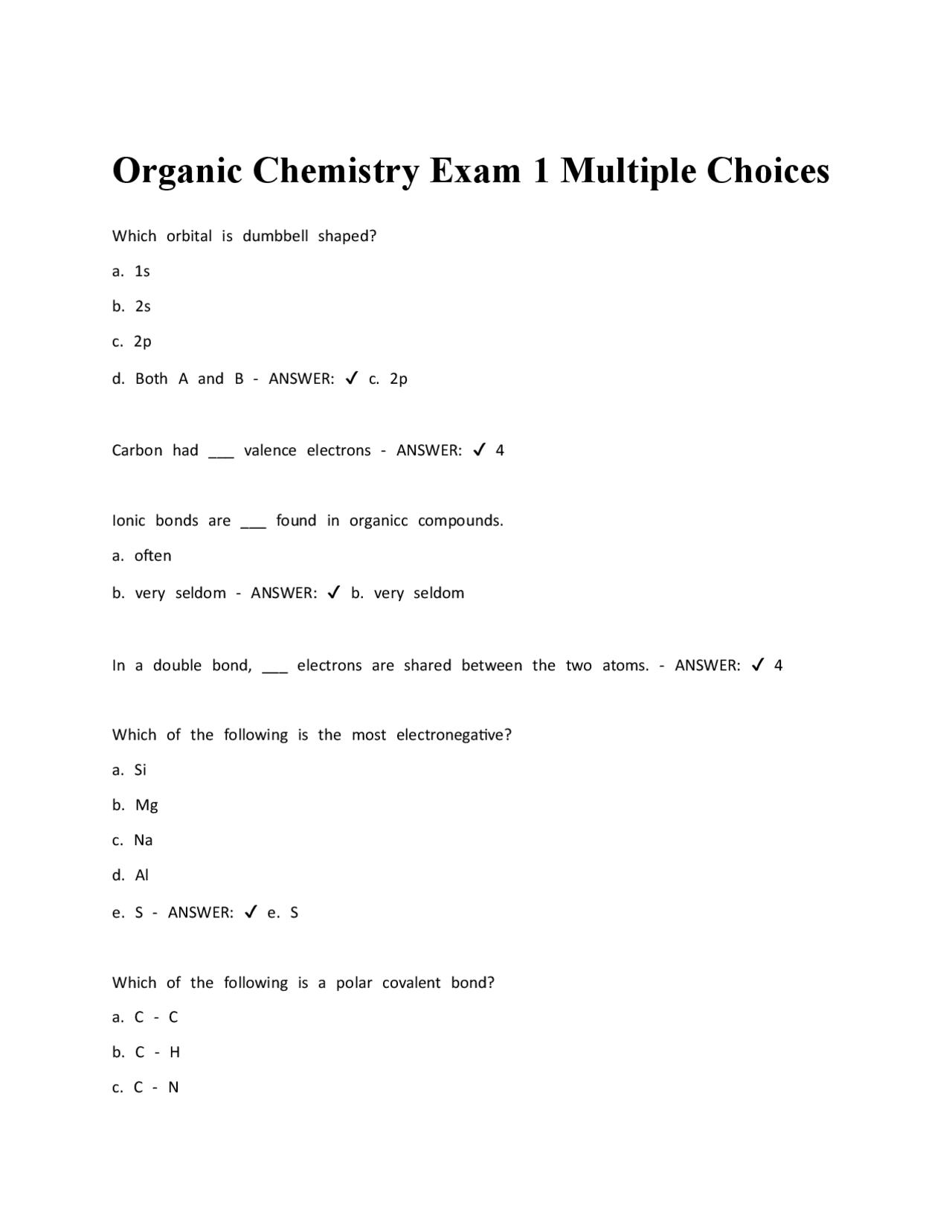 Organic Chemistry Exam 1 Multiple Choices. | Exams Nursing | Docsity