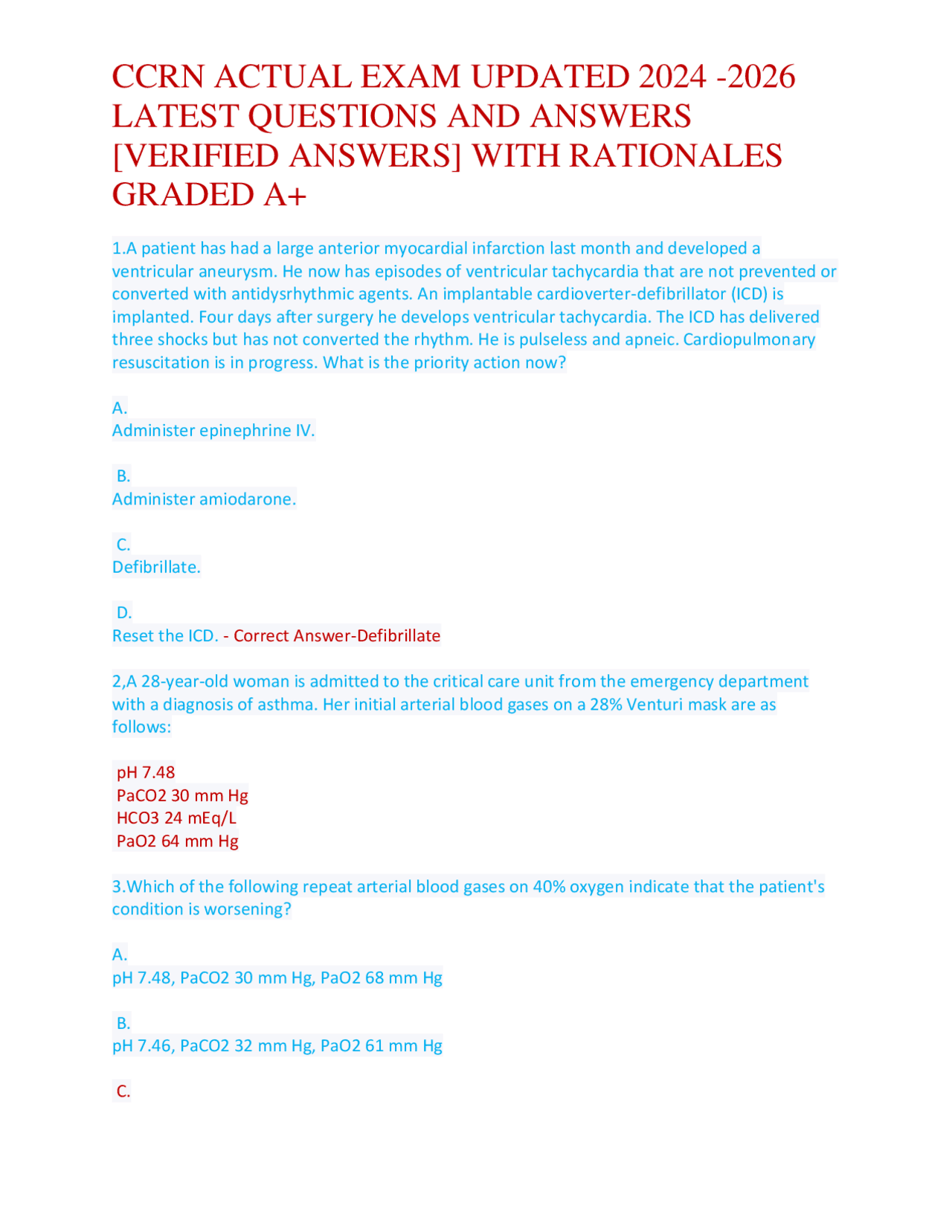 CCRN ACTUAL EXAM UPDATED 2024-2026 | Exams Nursing | Docsity