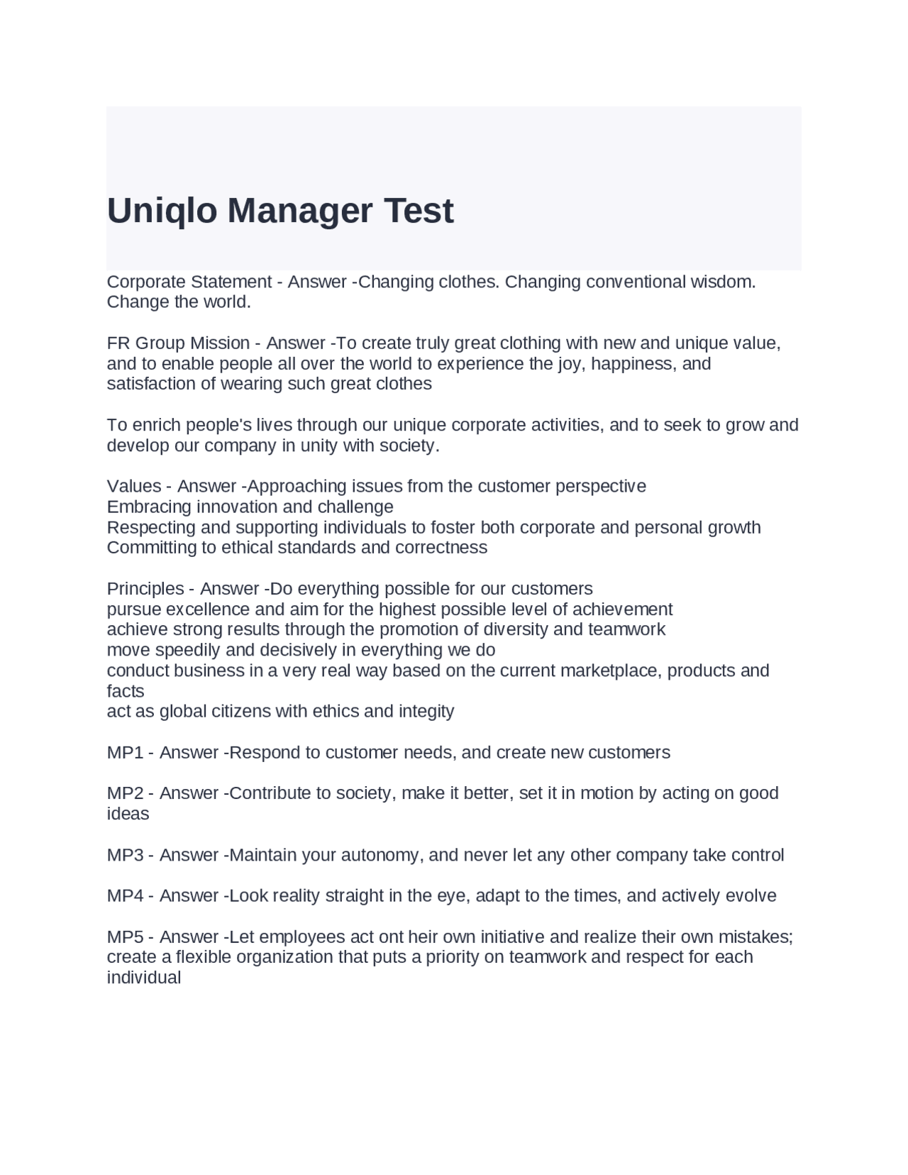 Uniqlo Manager Test: Corporate Mission, Values, Principles, and 5S's ...