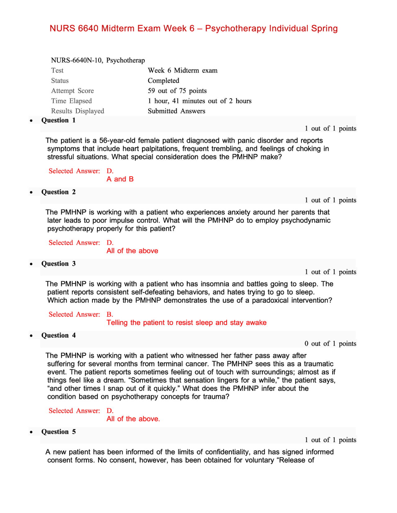 NURS 6640 Midterm Exam Week 6 – Psychotherapy Individual Spring ...