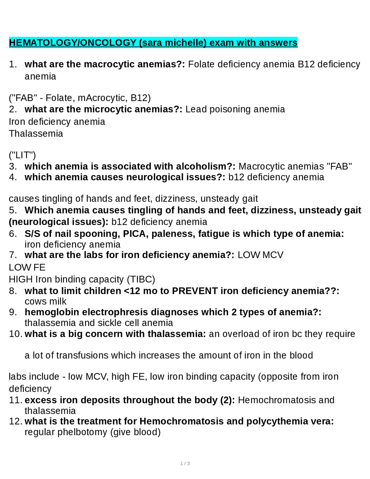 HEMATOLOGY/ONCOLOGY (sara michelle) exam with answers | Exams Nursing | Docsity