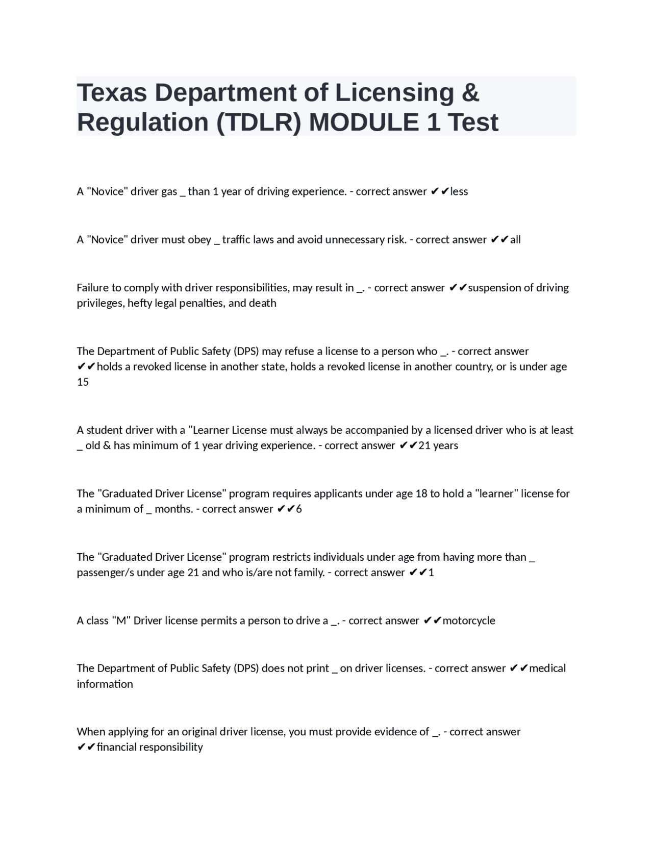 Texas Department of Licensing & Regulation (TDLR) MODULE 1 Test already ...