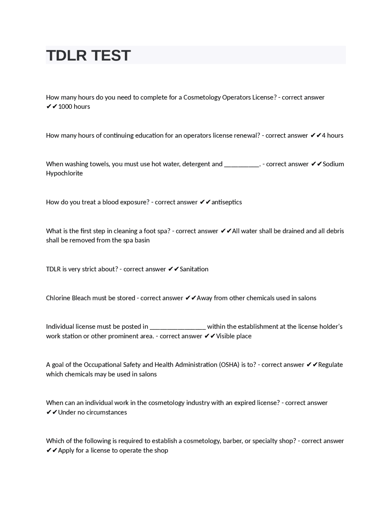 TDLR TEST with verified solutions | Exams Nursing | Docsity