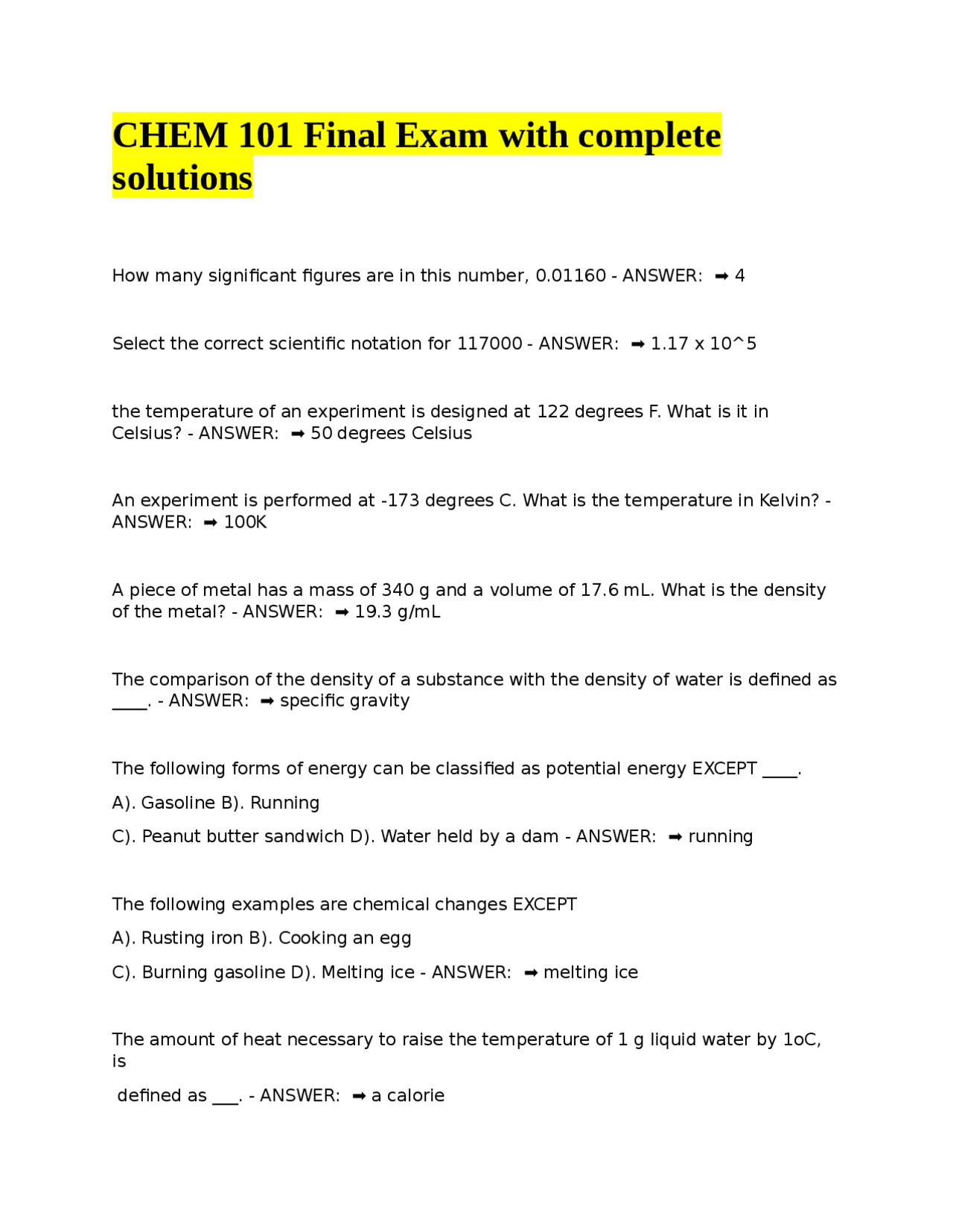 CHEM 101 Final Exam with complete solutions | Exams Chemistry | Docsity