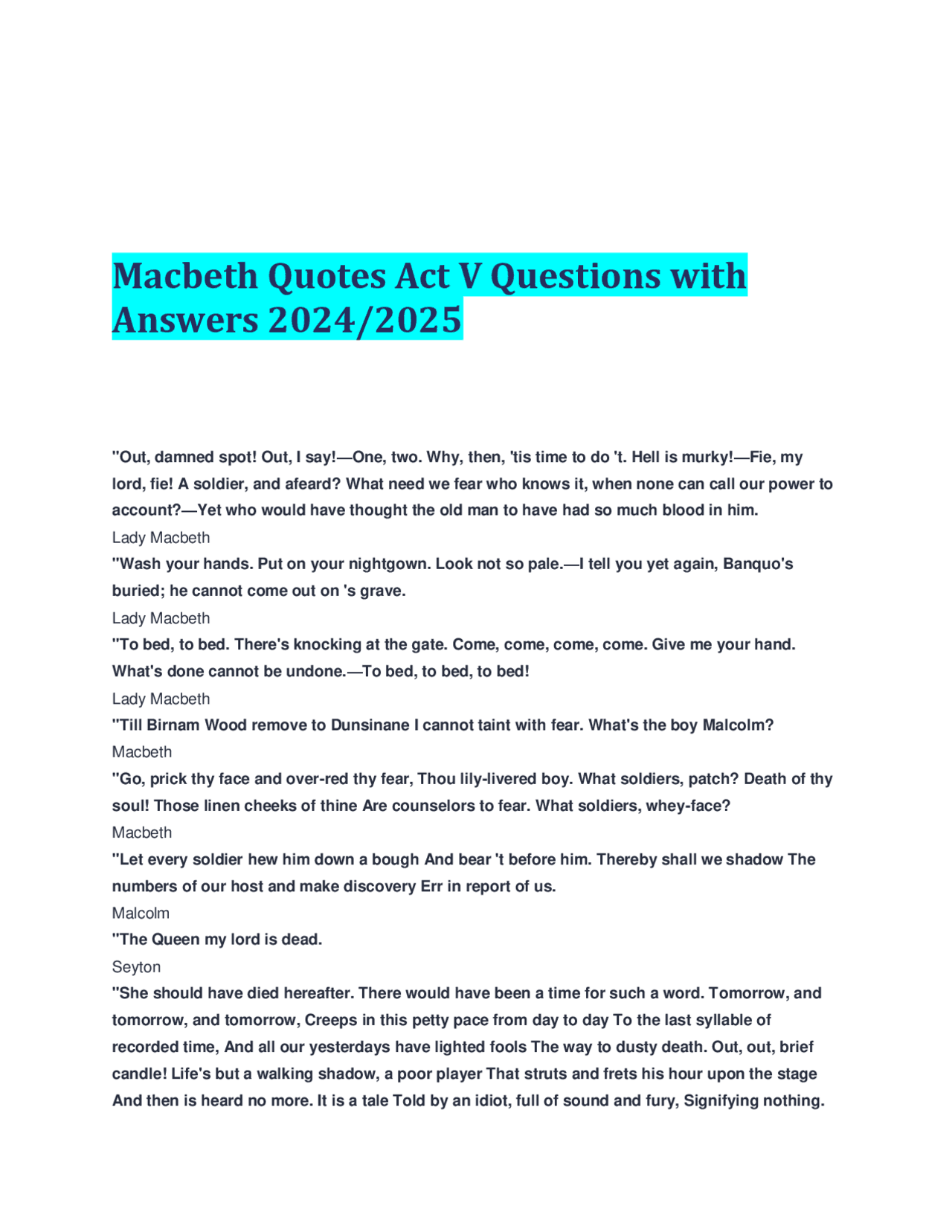 Macbeth Quotes Act V Questions with Answers 2024/2025 | Exams English ...