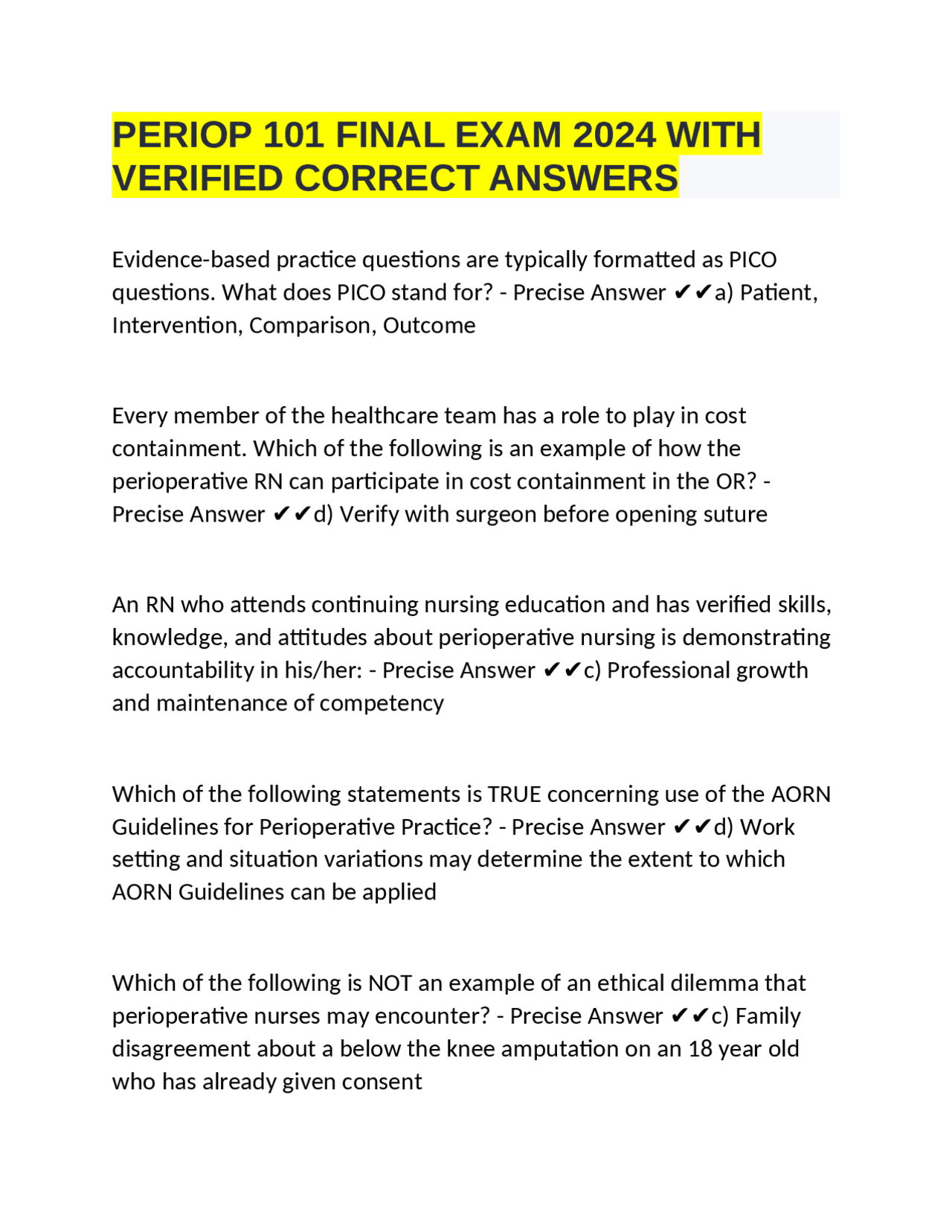 PERIOP 101 FINAL EXAM 2024 WITH VERIFIED CORRECT ANSWERS | Exams ...
