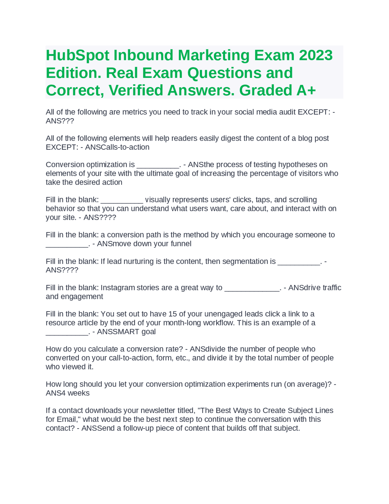 HubSpot Inbound Marketing Exam 2023 | Exams Digital Marketing | Docsity