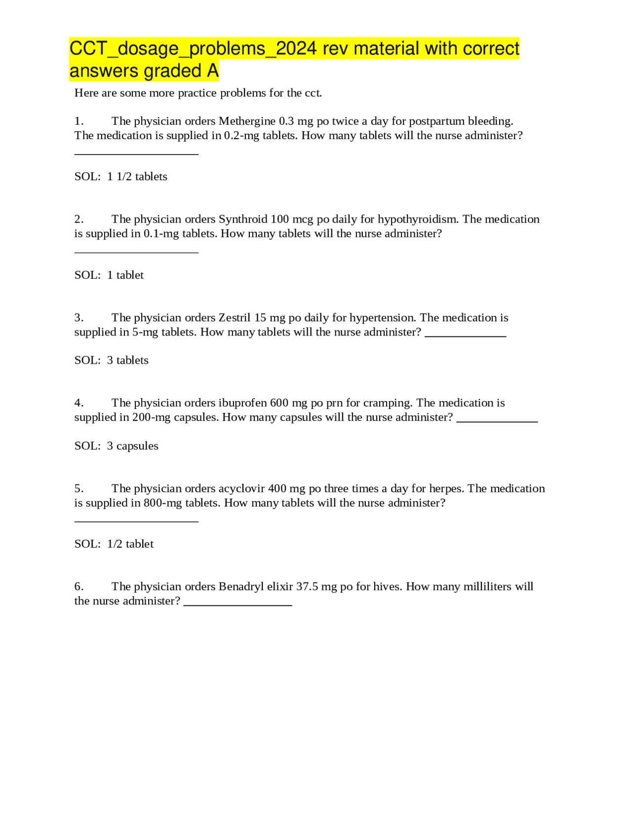 Medication Dosage Calculation Practice Problems | Exams Nursing | Docsity