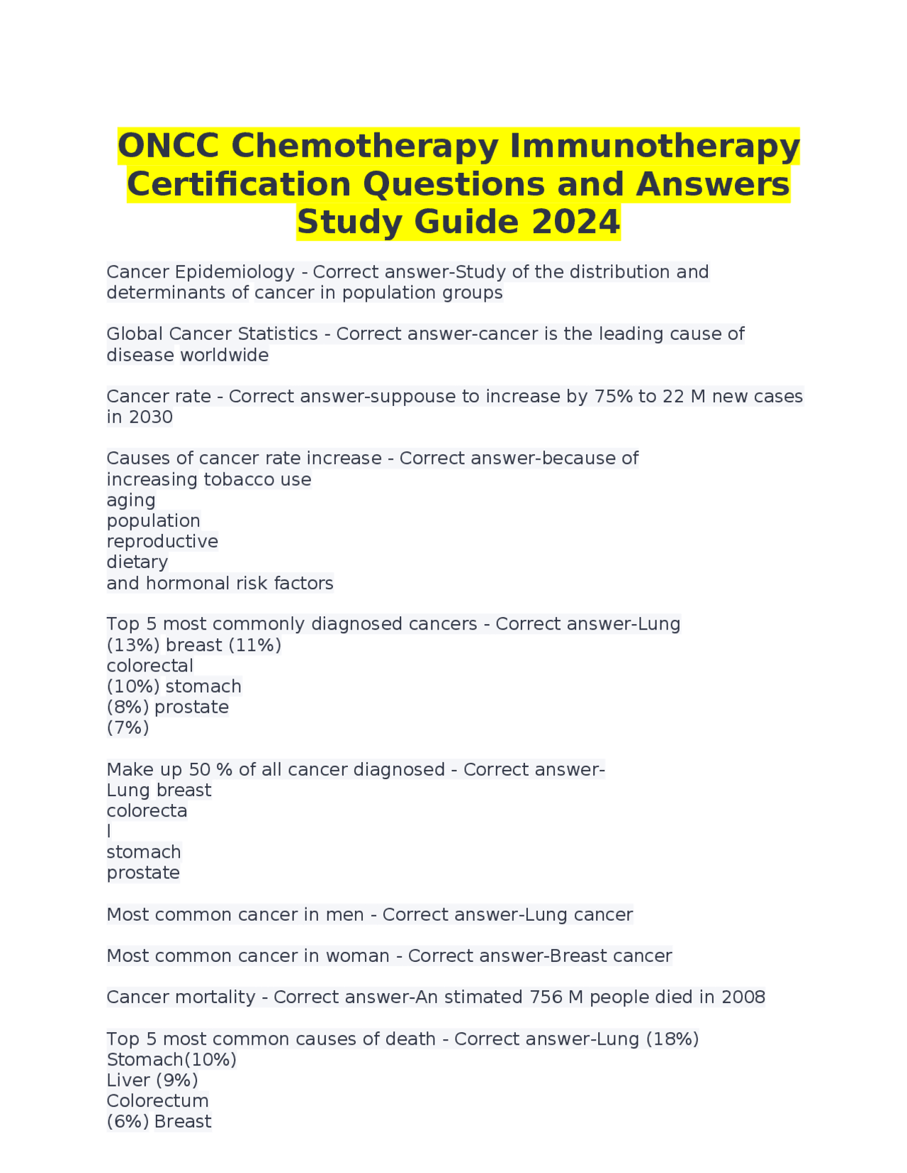 ONCC Chemotherapy Immunotherapy Certification Questions and Answers ...