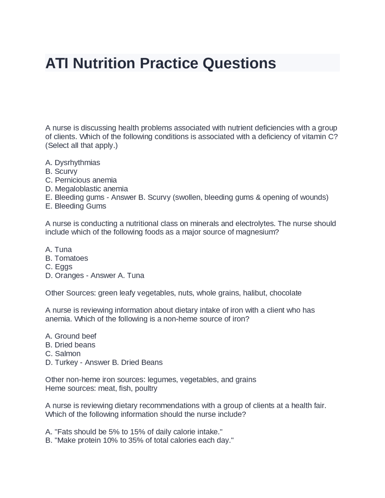 Nutrition and Dietary Recommendations | Exams Nursing | Docsity