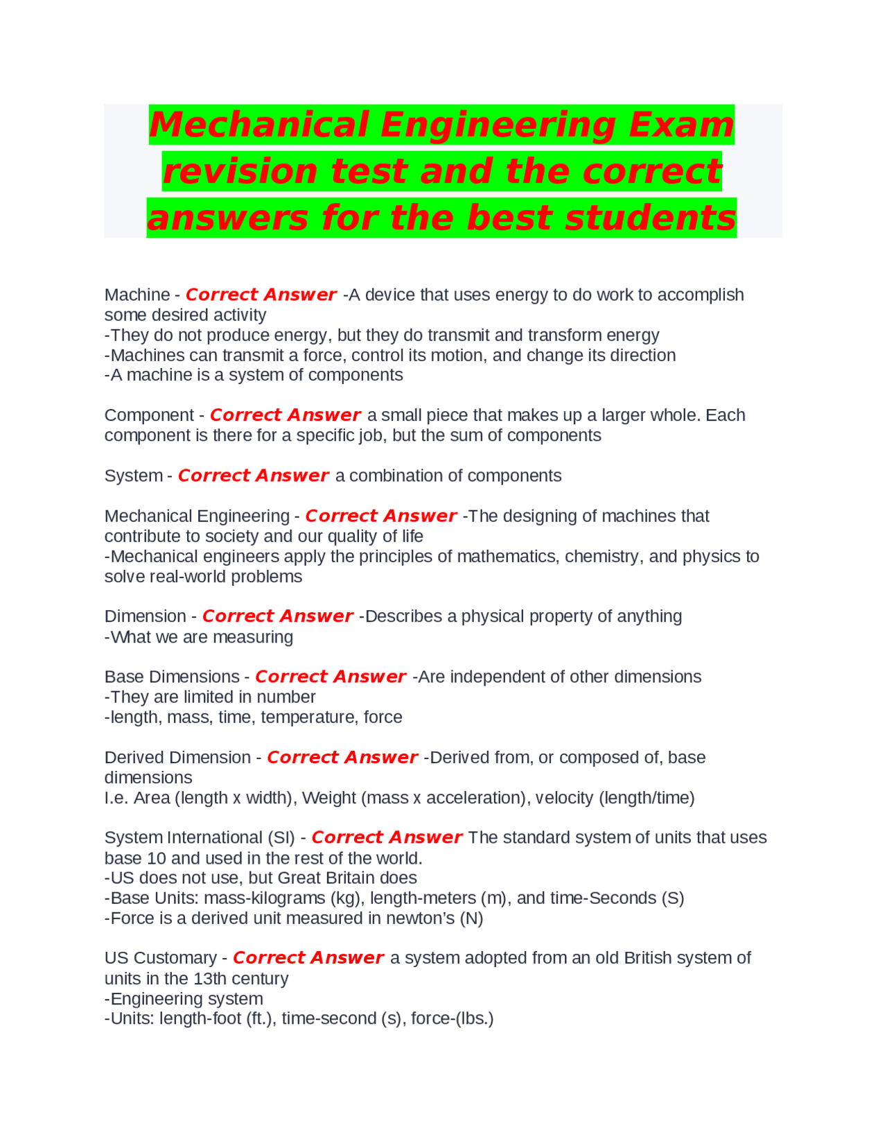 Mechanical Engineering Exam revision test and the correct answers for ...