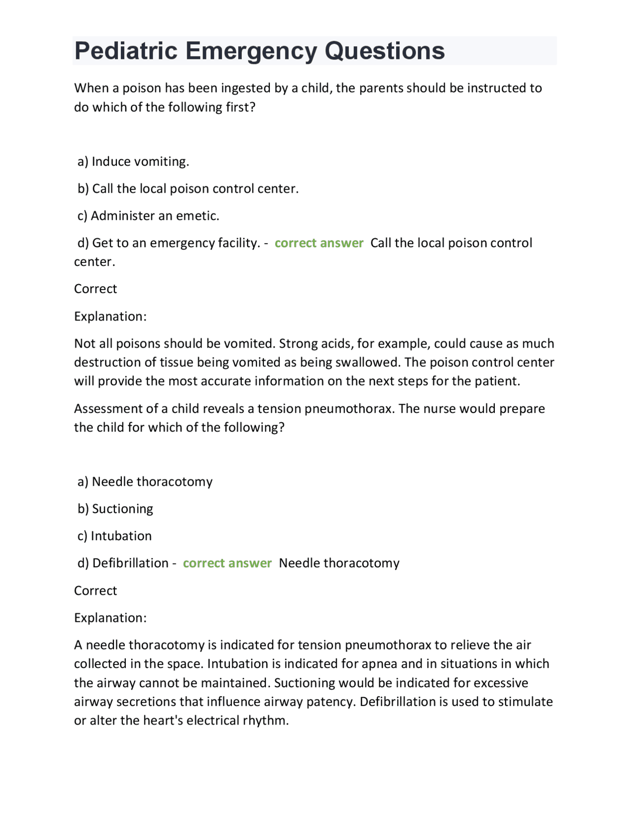 Pediatric Emergency Questions | Exams Nursing | Docsity