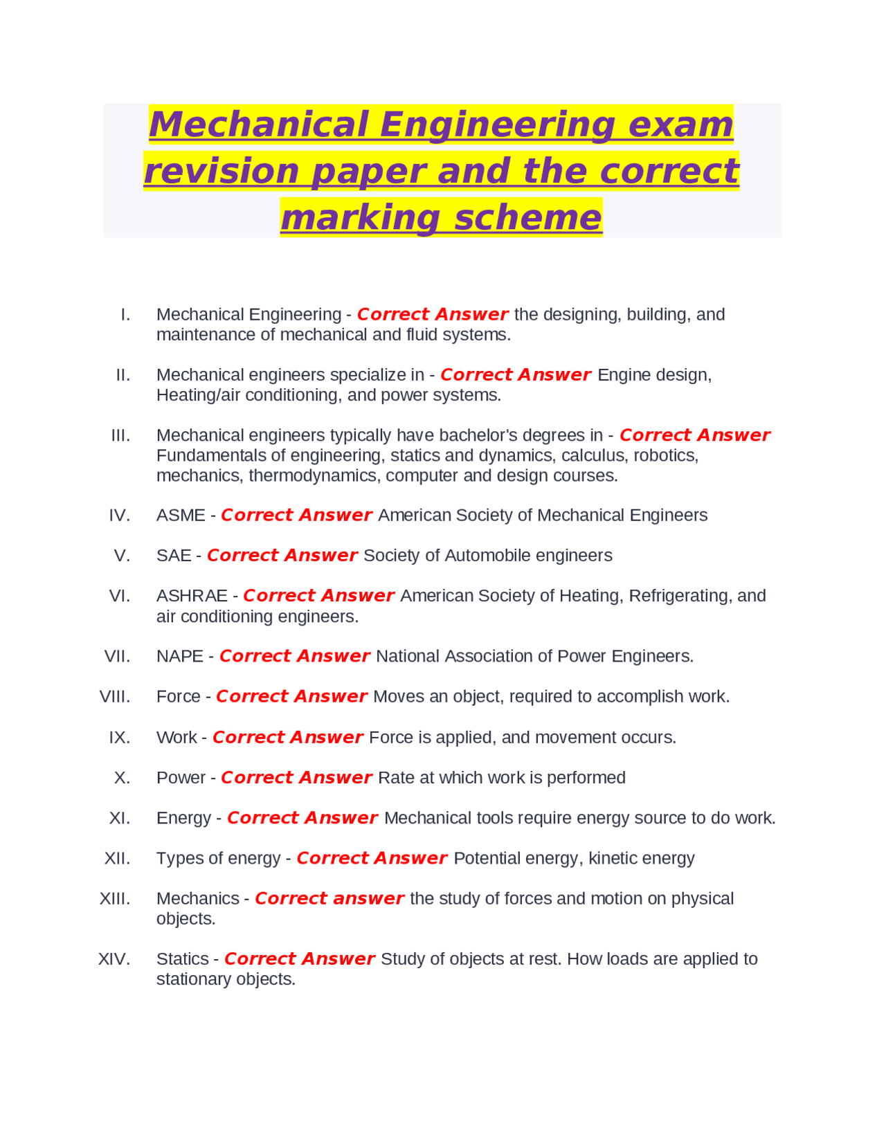 Mechanical Engineering Exam Revision and Marking Scheme | Exams Mechanical Engineering | Docsity