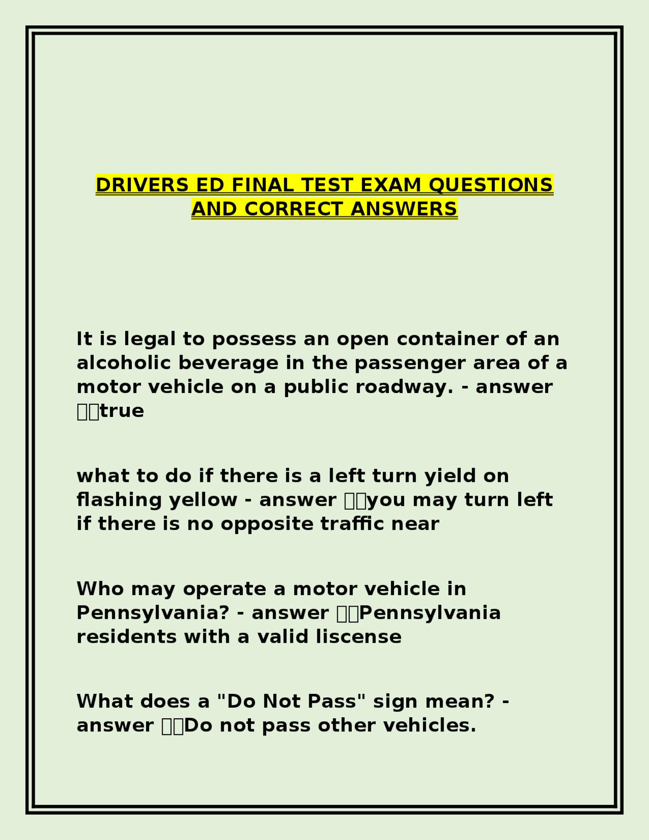 Drivers Education Final Exam Questions and Answers | Exams Nursing ...