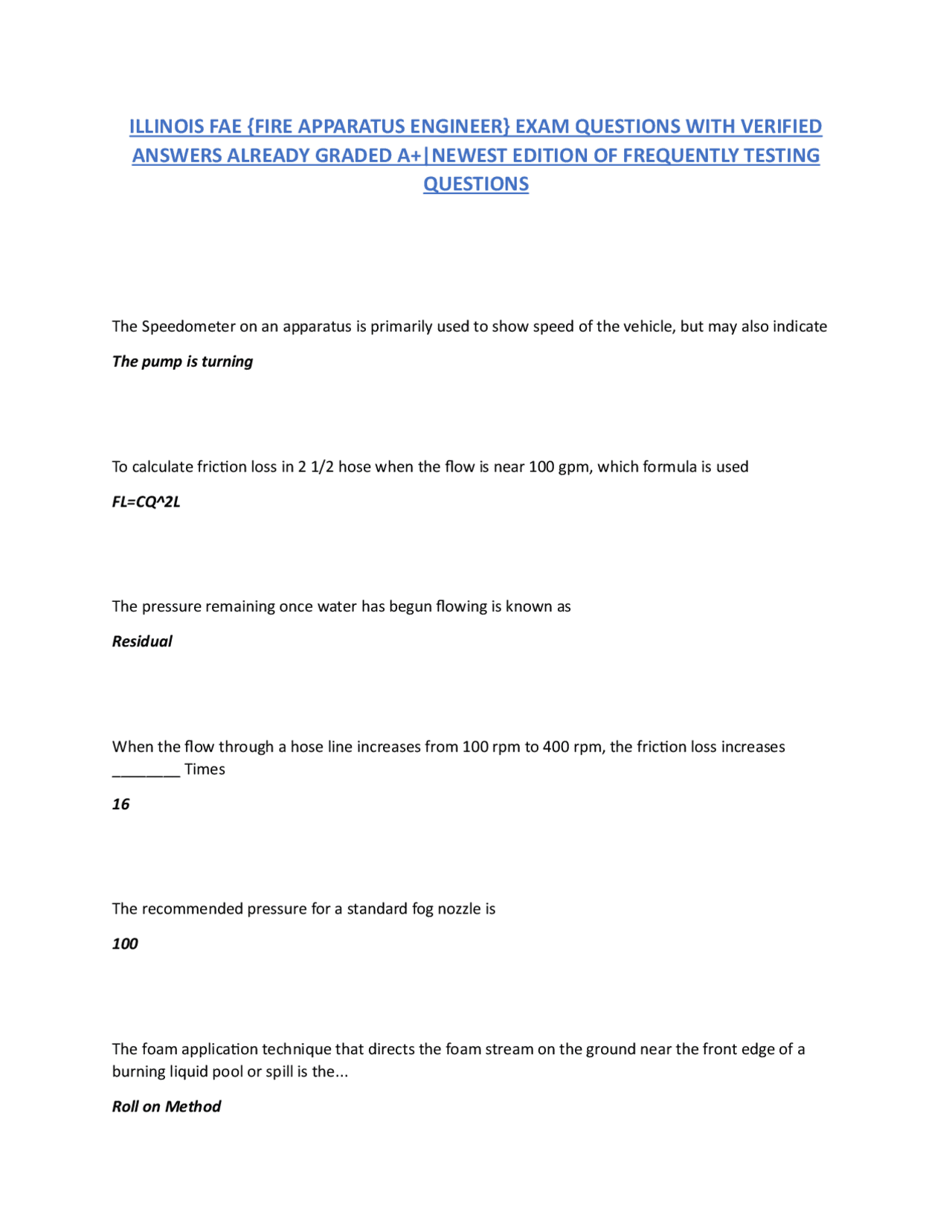 Illinois FAE (Fire Apparatus Engineer) Exam Questions with Verified ...