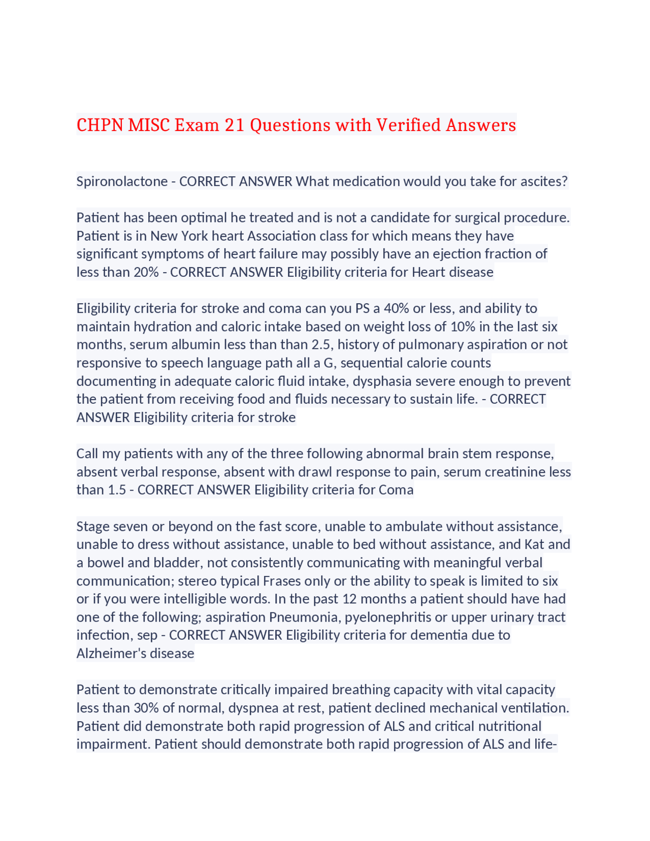 CHPN MISC Exam 21 Questions with Verified Answers,100% CORRECT | Exams ...