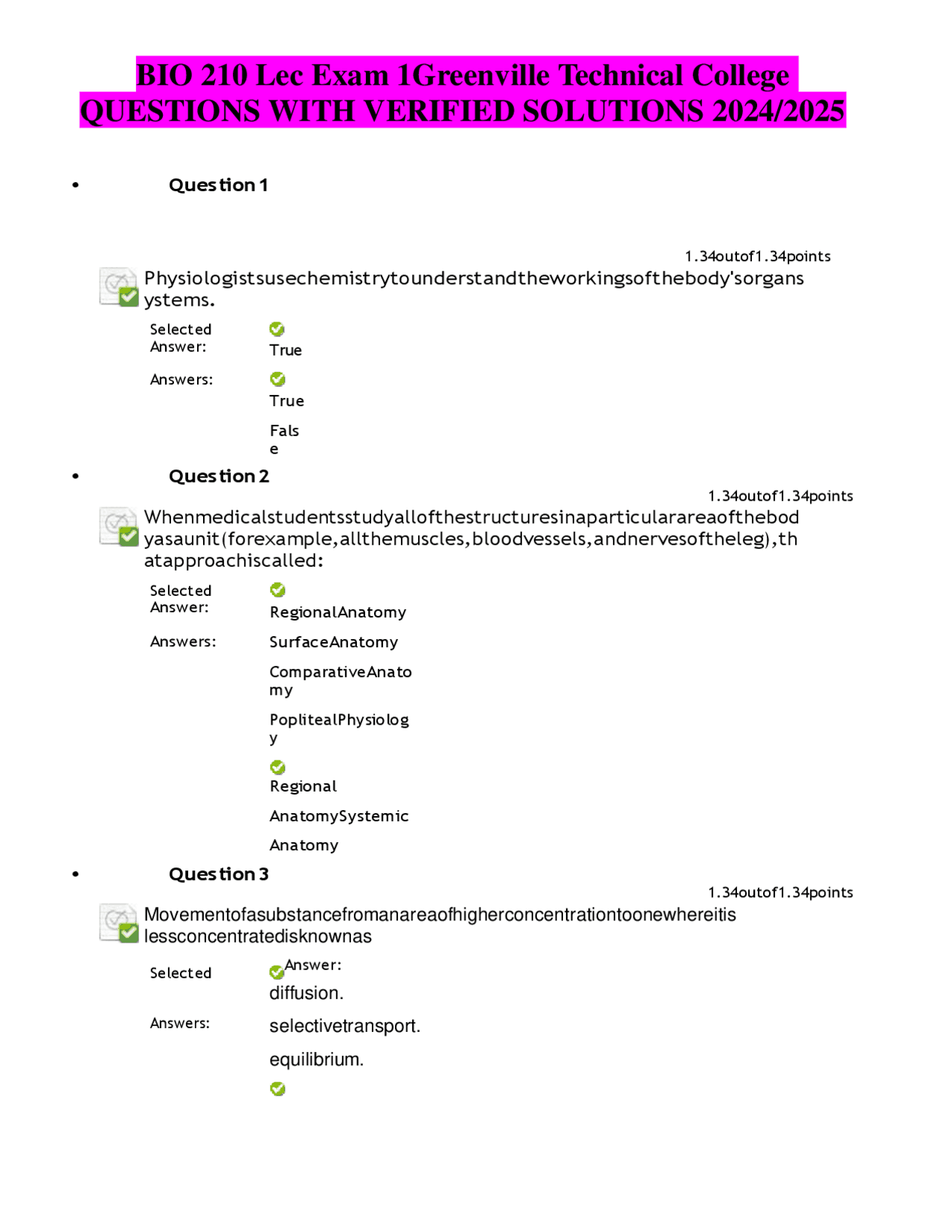 BIO 210 Lec Exam 1 - Greenville Technical College | Exams Biology | Docsity