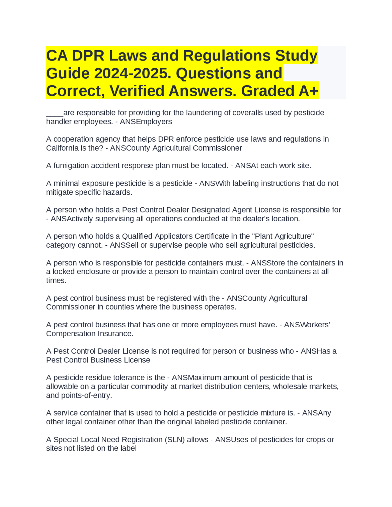 CA DPR Laws and Regulations Study Guide 2024-2025. Questions and ...