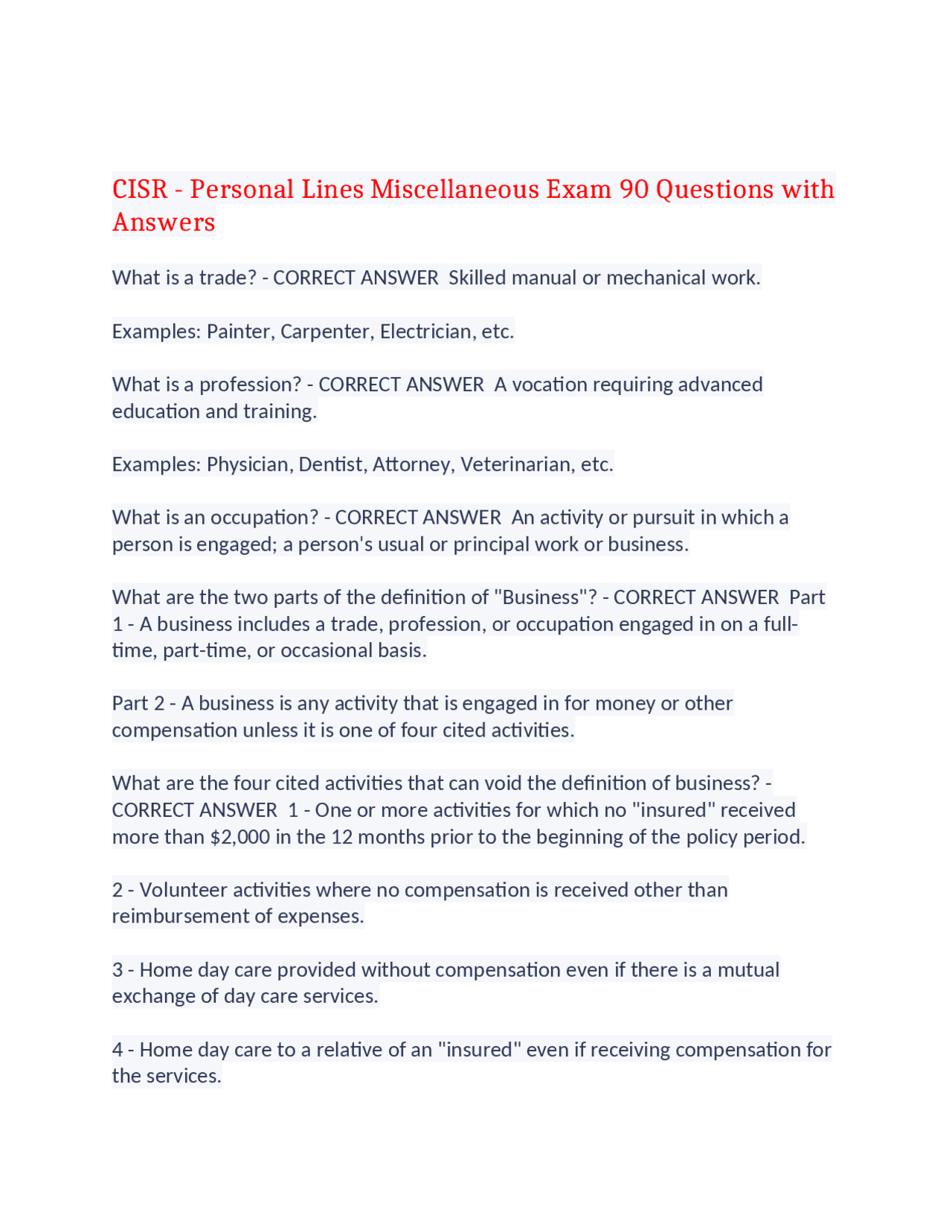 CISR - Personal Lines Miscellaneous Exam 90 Questions with Answers,100% ...