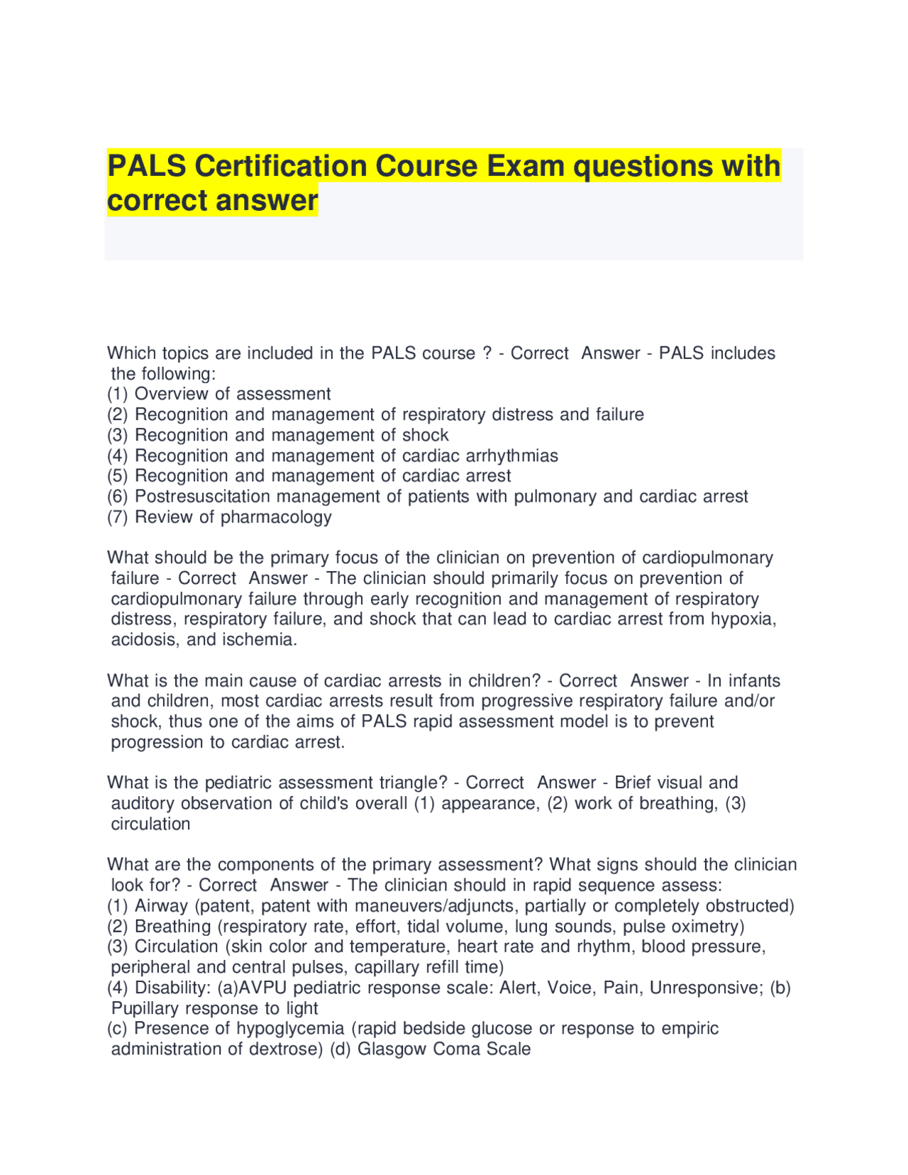 Pediatric Advanced Life Support (PALS) Guidelines | Exams Nursing | Docsity