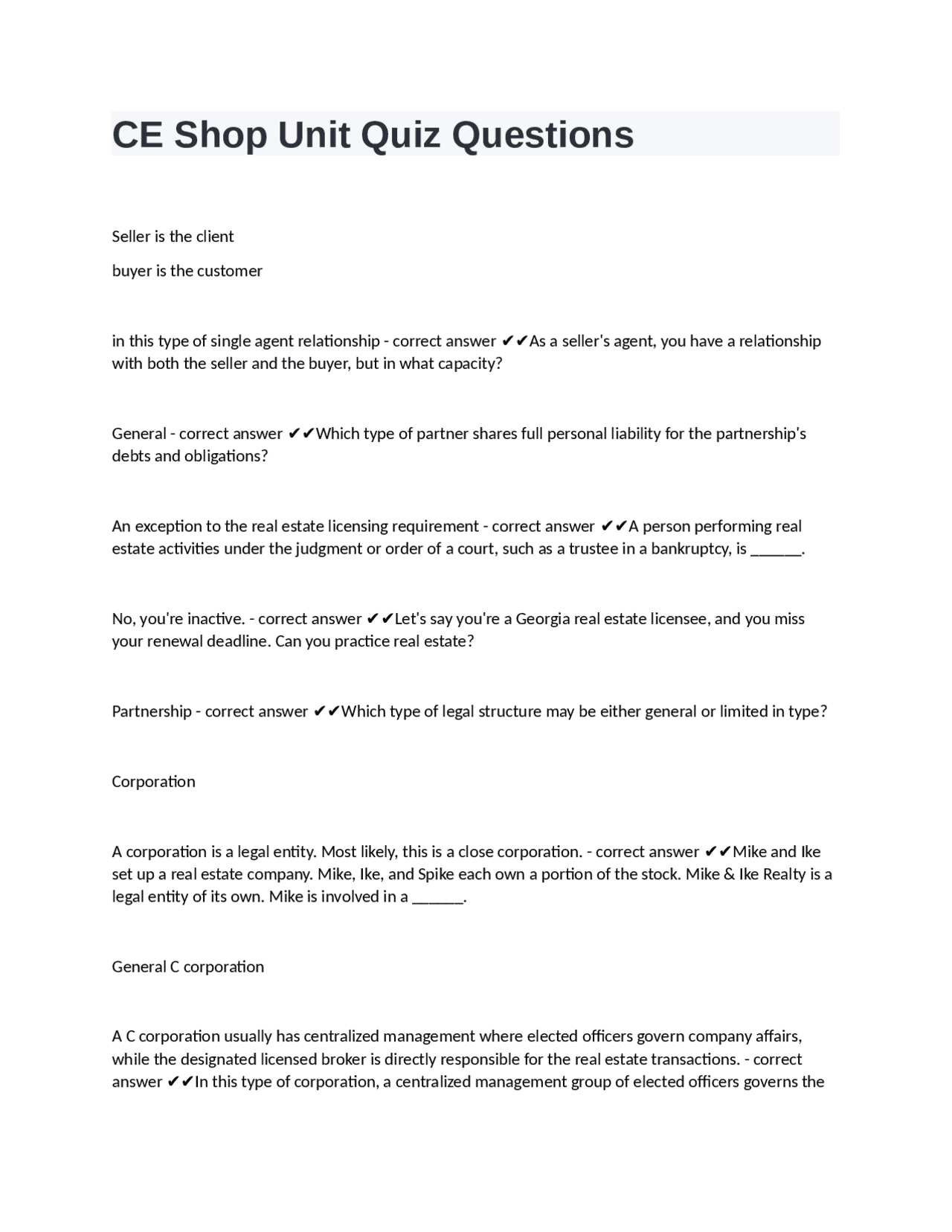 CE Shop Unit Quiz Questions well answered to pass | Exams Nursing | Docsity