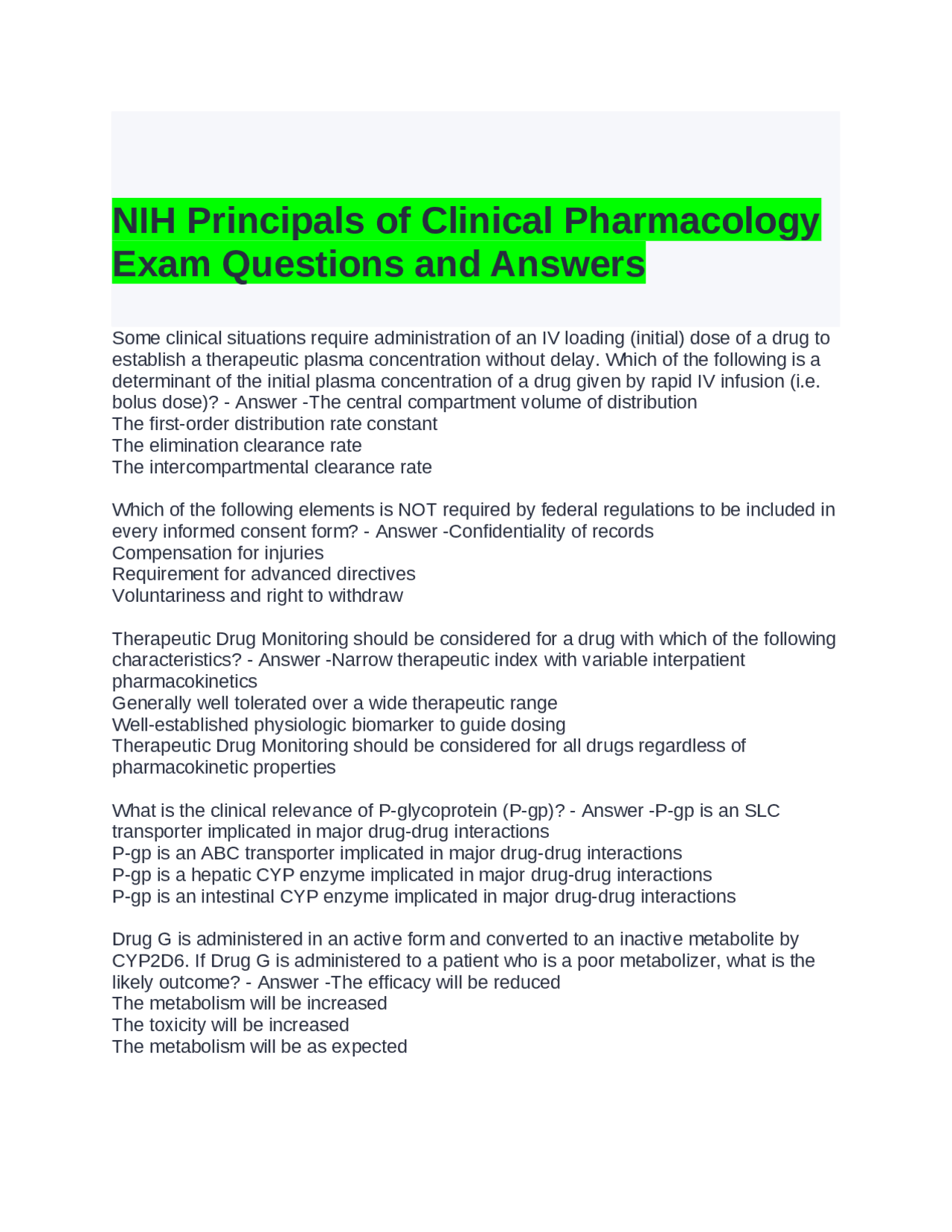 NIH Principals of Clinical Pharmacology Exam Questions and Answers ...