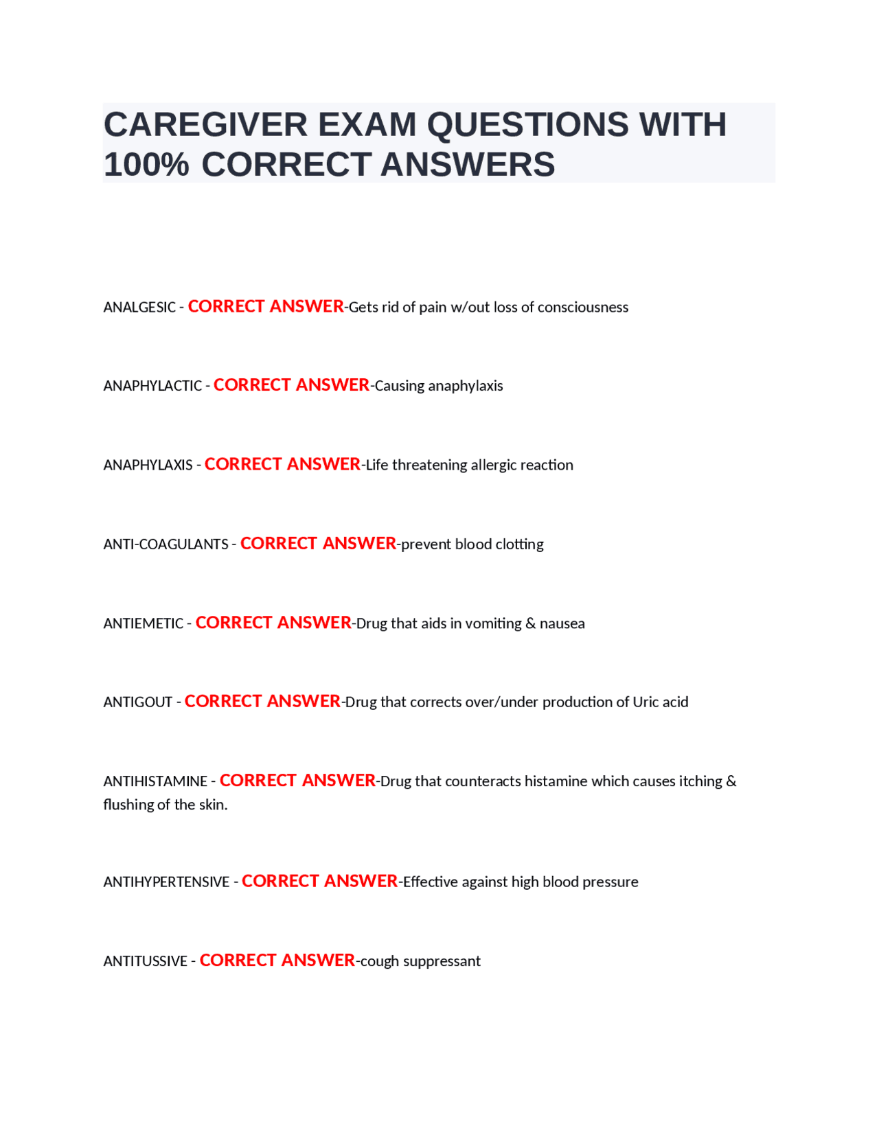 Caregiver Exam Questions with 100% Correct Answers | Exams Nursing ...