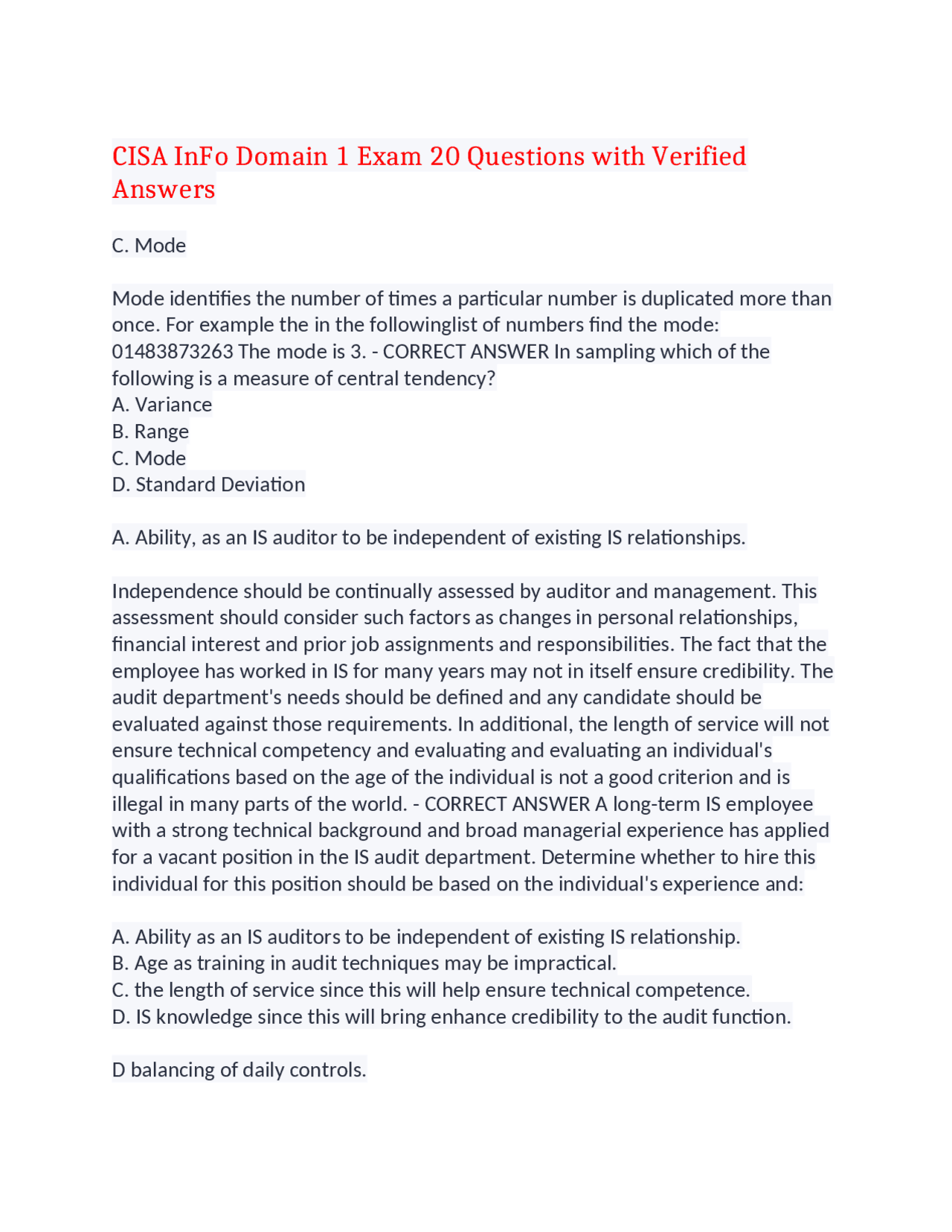 CISA InFo Domain 1 Exam 20 Questions with Verified Answers,100% CORRECT ...