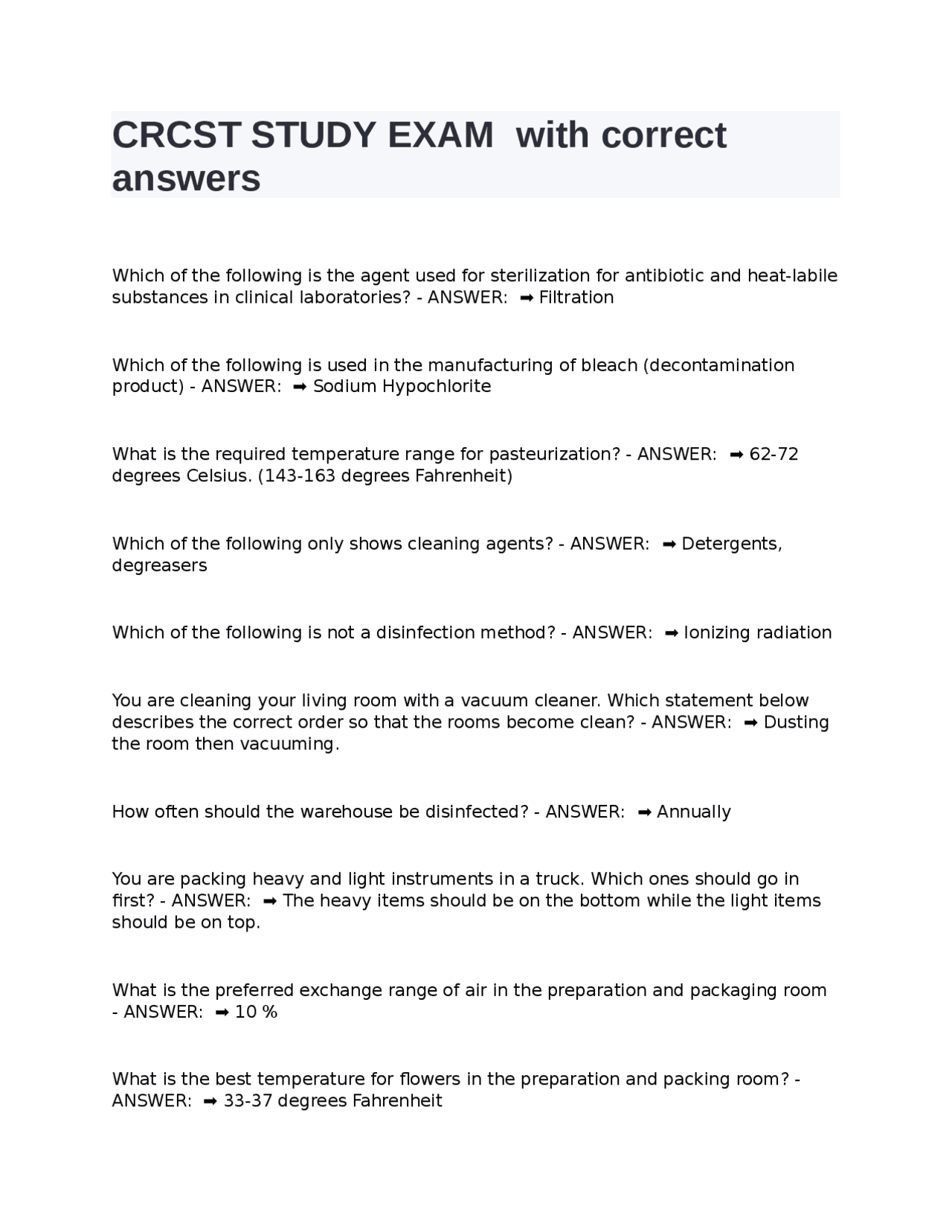 CRCST STUDY EXAM with correct answers | Exams Nursing | Docsity