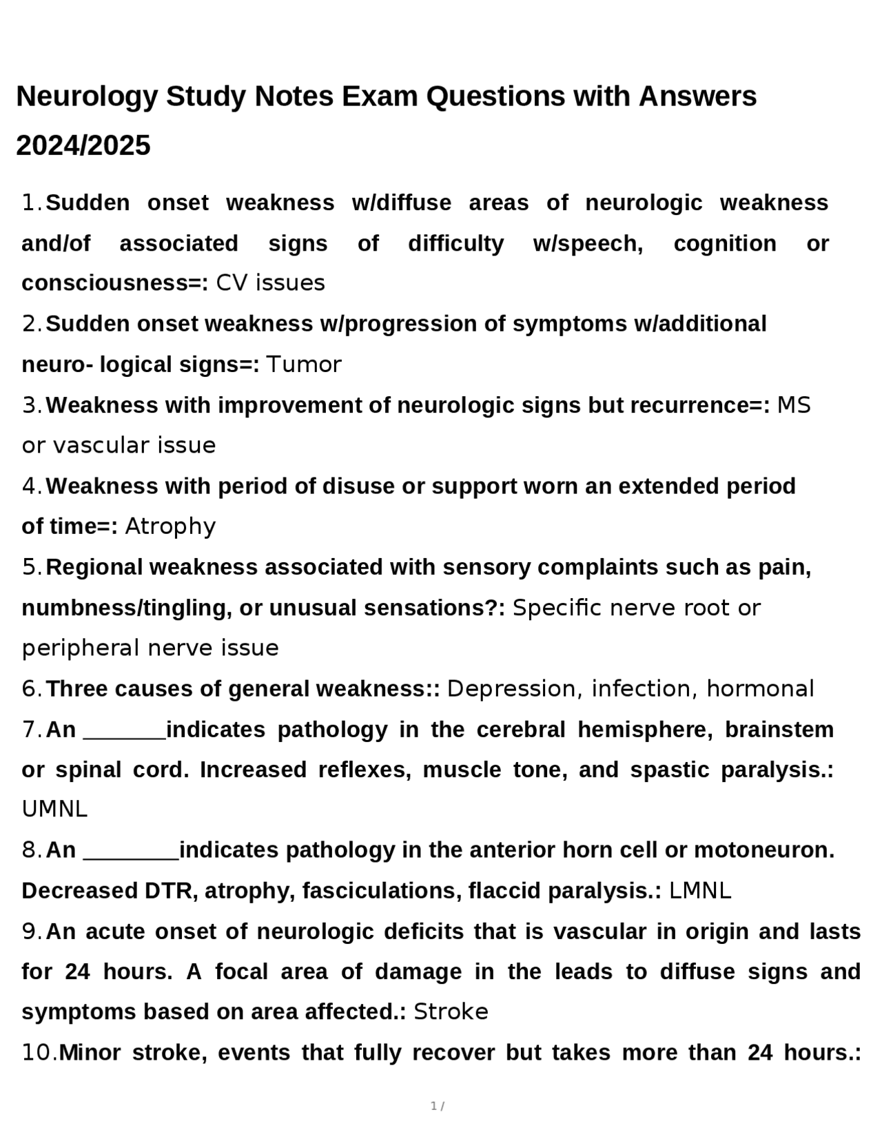Neurology Study Notes Exam Questions with Answers | Exams Neurology ...