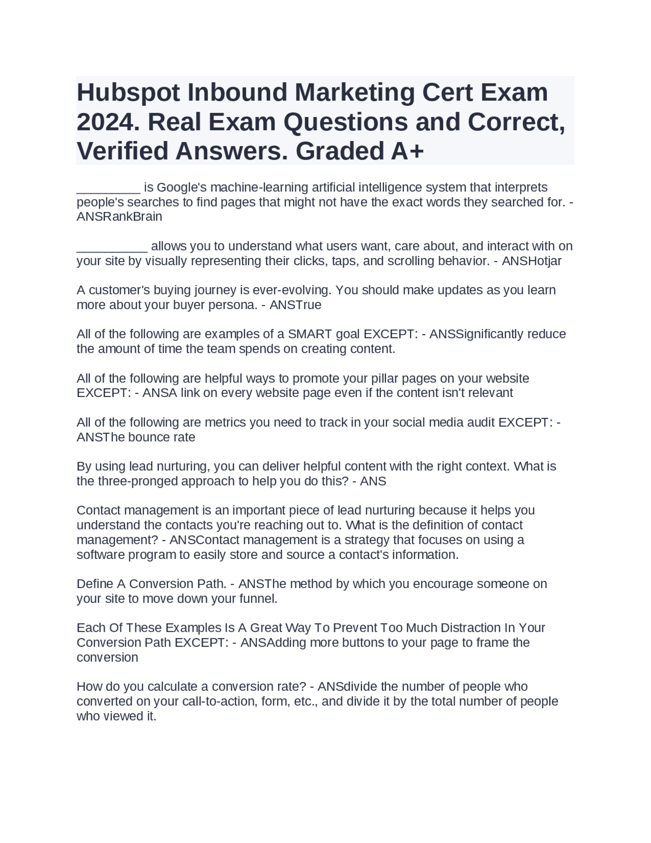 Hubspot Inbound Marketing Cert Exam 2024. Real Exam Questions and ...