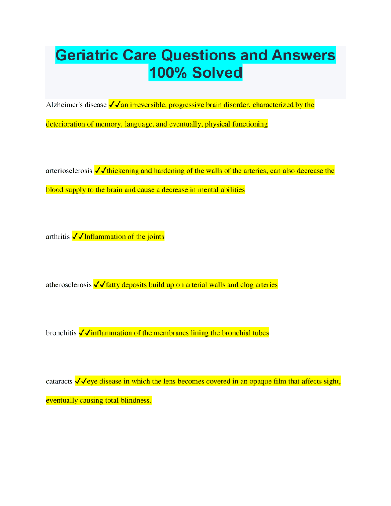 Geriatric Care Questions and Answers 100% Solved | Exams Gerontology ...