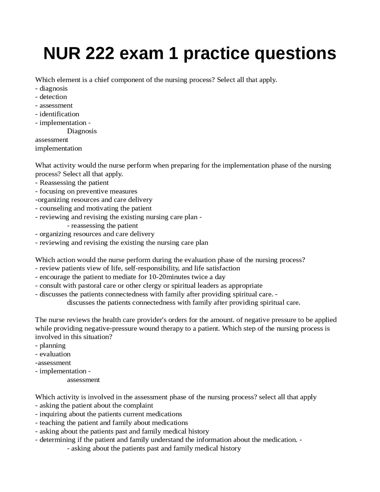 NUR 222 exam 1 practice questions | Exams Nursing | Docsity
