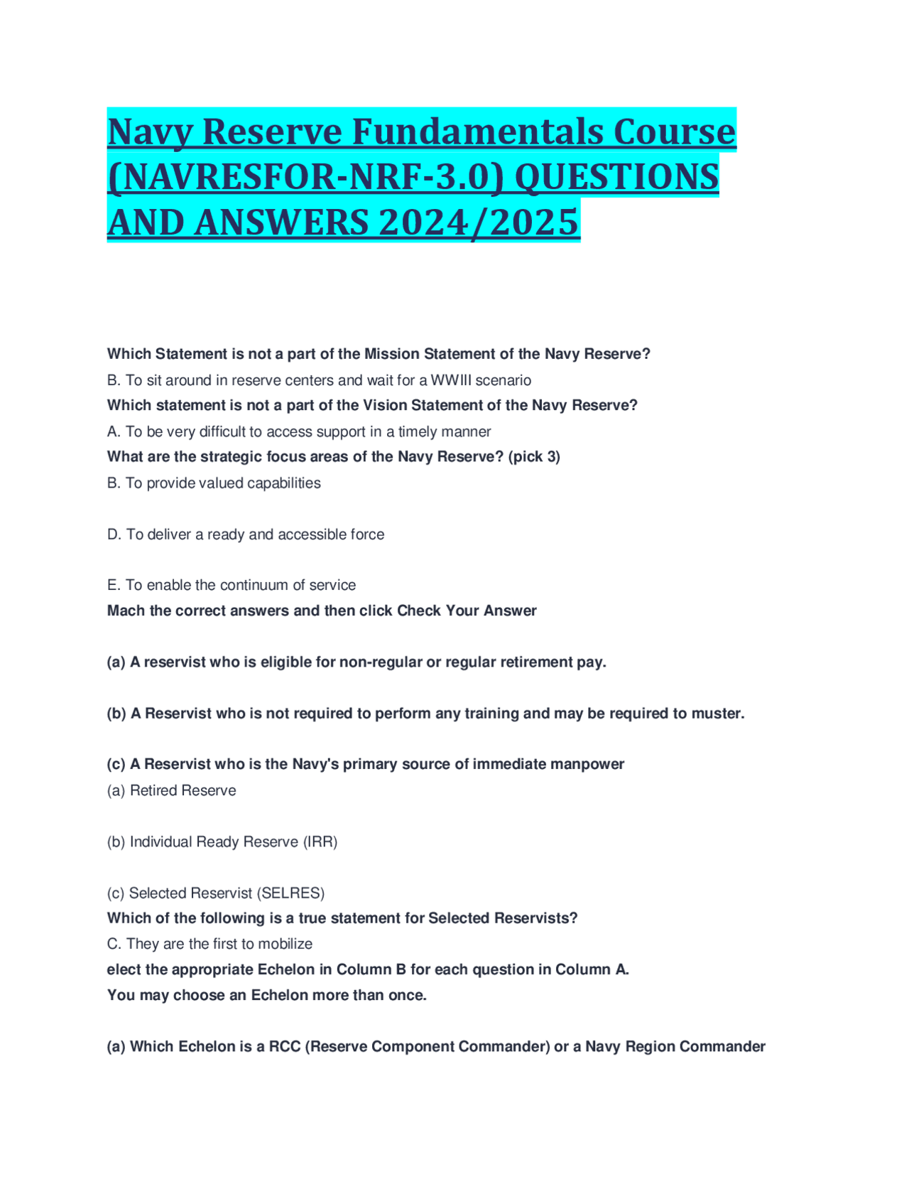 Navy Reserve Fundamentals Course (NAVRESFOR-NRF-3.0) QUESTIONS AND ...