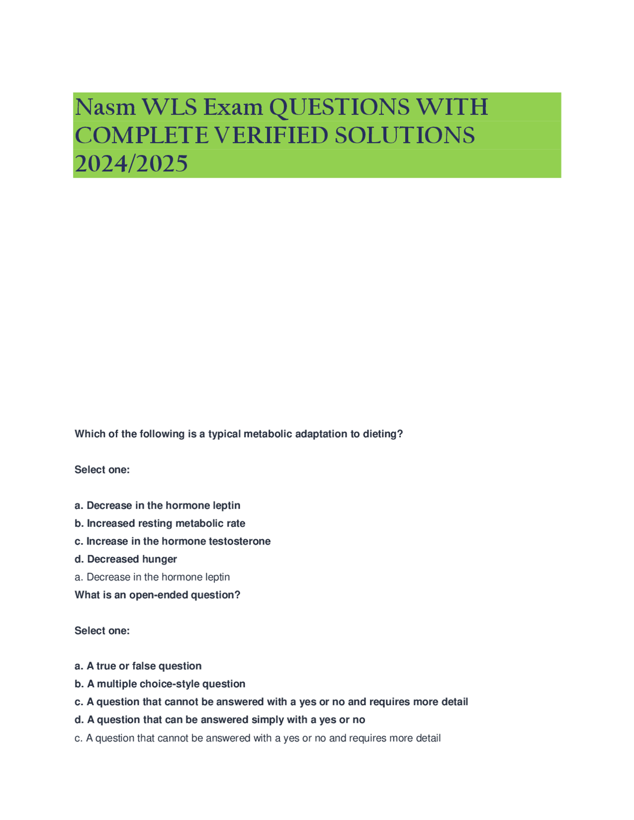 Nasm WLS Exam QUESTIONS WITH COMPLETE VERIFIED SOLUTIONS 2024/2025 ...
